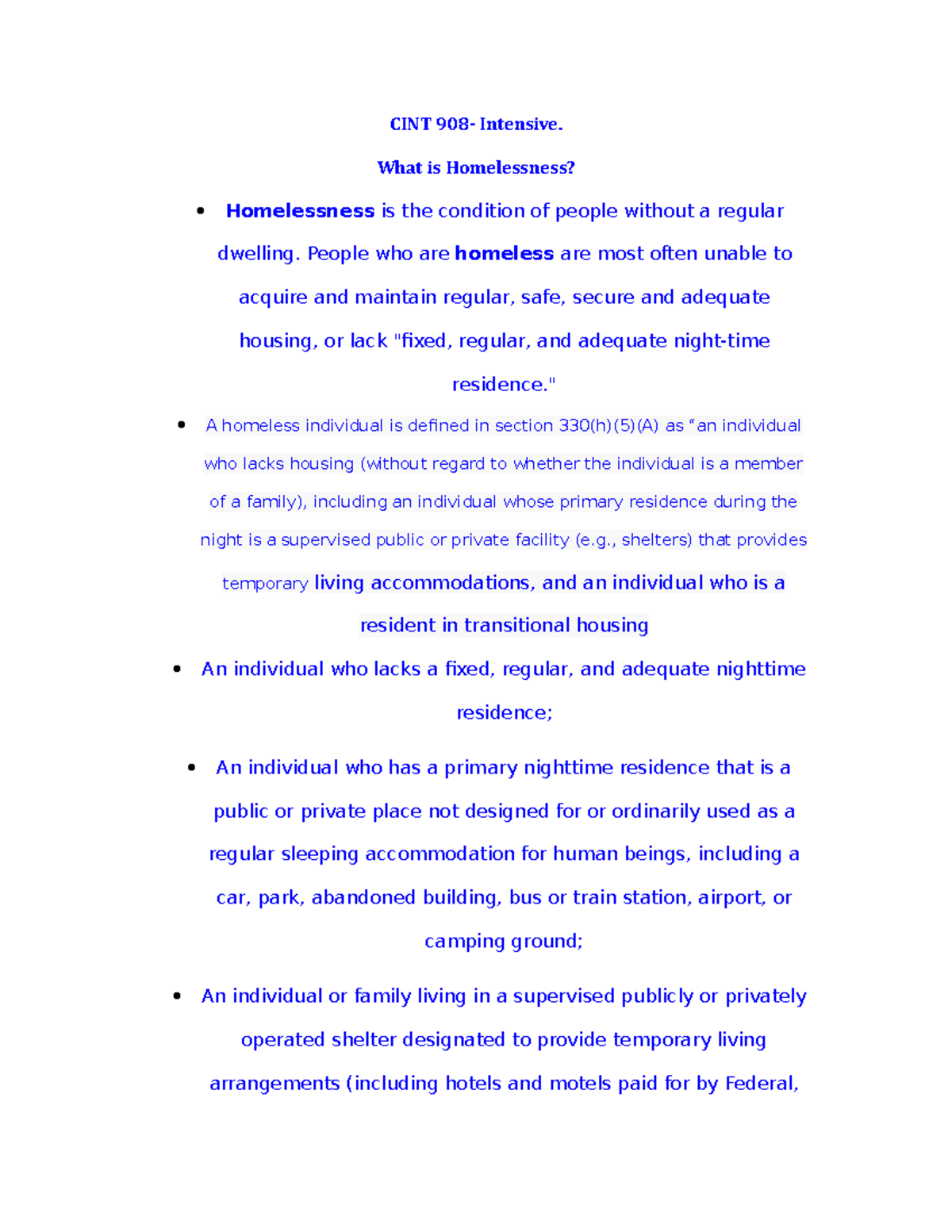 Lecture notes, What is Homelessness? - CINT 908- Intensive. What is ...