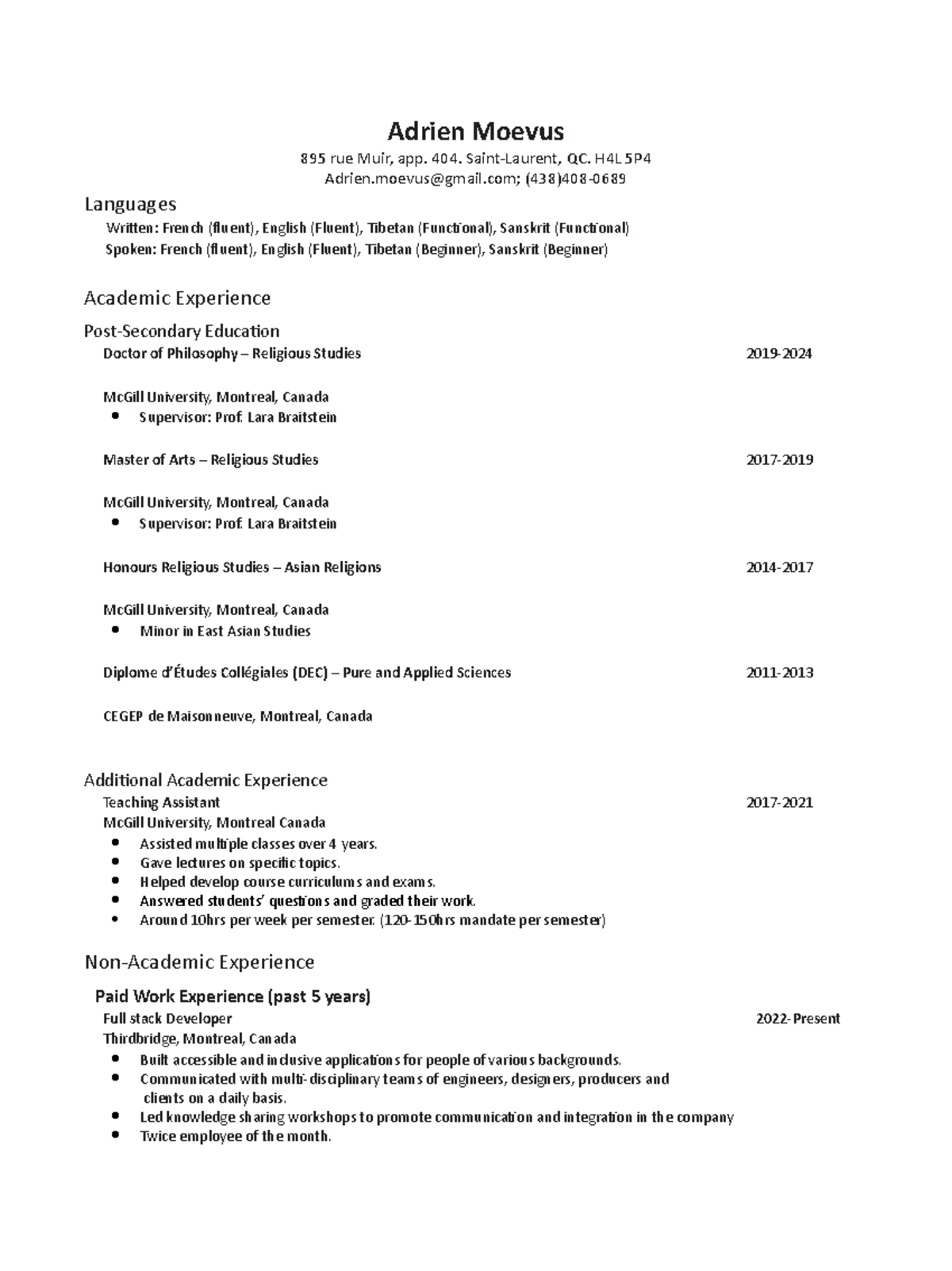 Pt qy cv template - Adrien Moevus 895 rue Muir, app. 404. Saint-Laurent ...