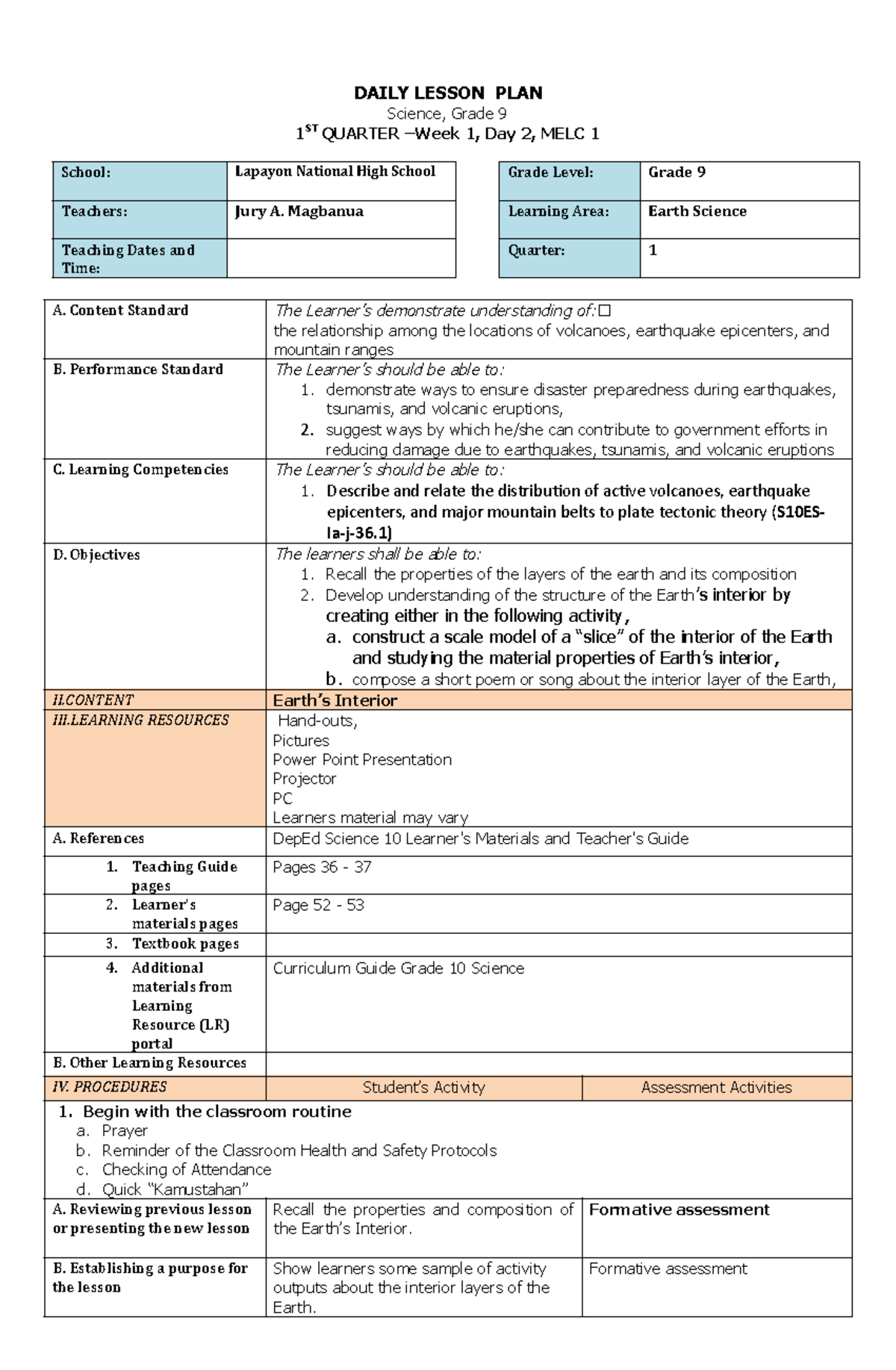 Ilide - DAILY LESSON PLAN Science, Grade 9 1 ST QUARTER –Week 1, Day 2 ...