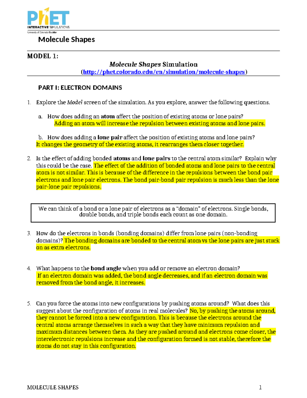 Molecule Shapes Student Handout - Molecule Shapes MODEL 1: Molecule ...