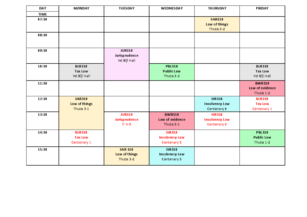 1st Semester Timetable - DAY MONDAY TUESDAY WEDNESDAY THURSDAY FRIDAY ...