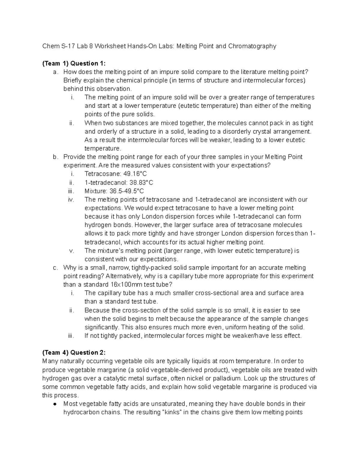 Melting Point and Chromatography Lab Assignment 8 - Chem S-17 Lab 8 ...