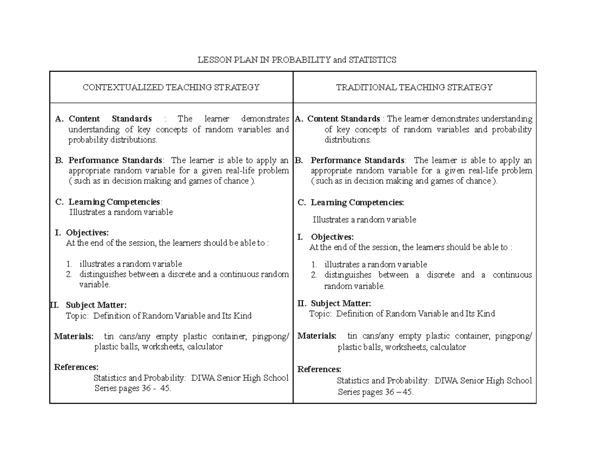 Lesson PLAN IN Probability and Statistics 1 - LESSON PLAN IN ...
