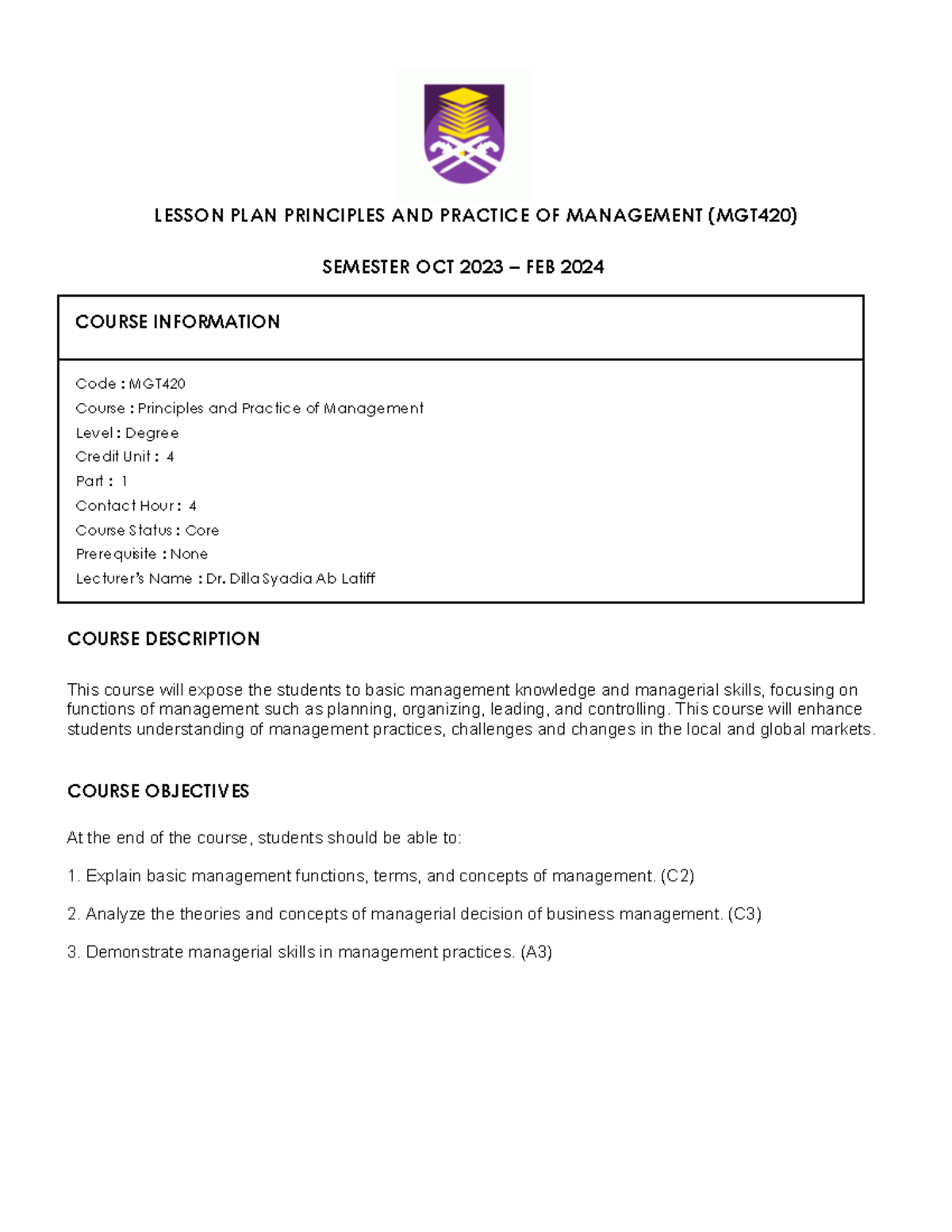 MGT420- Lesson PLAN SEM OCT2023 Detailed BY WEEK - LESSON PLAN ...