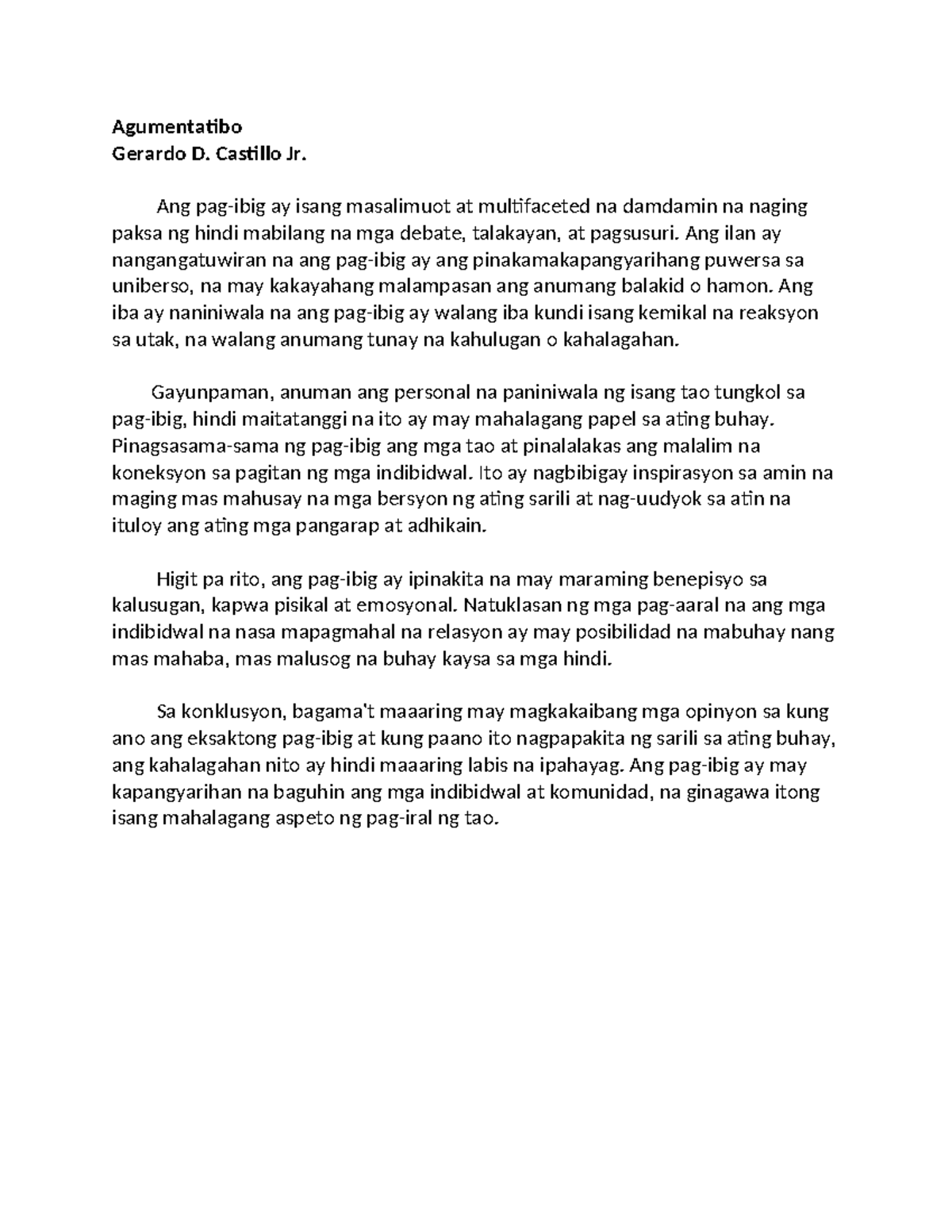 Agumentatibo - Argumentative essay - Agumentatibo Gerardo D. Castillo ...