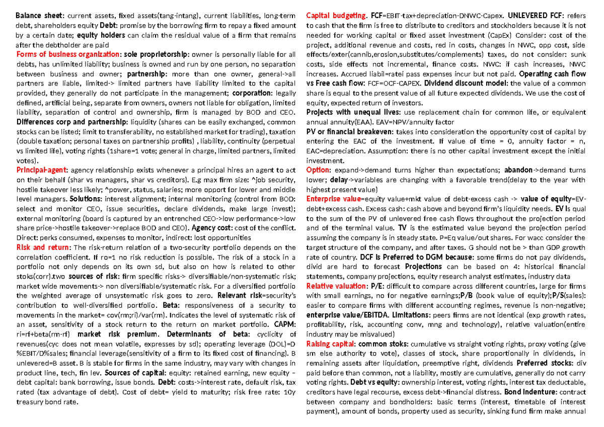 Cheat sheet - Balance sheet: current assets, fixed assets(tang-intang ...