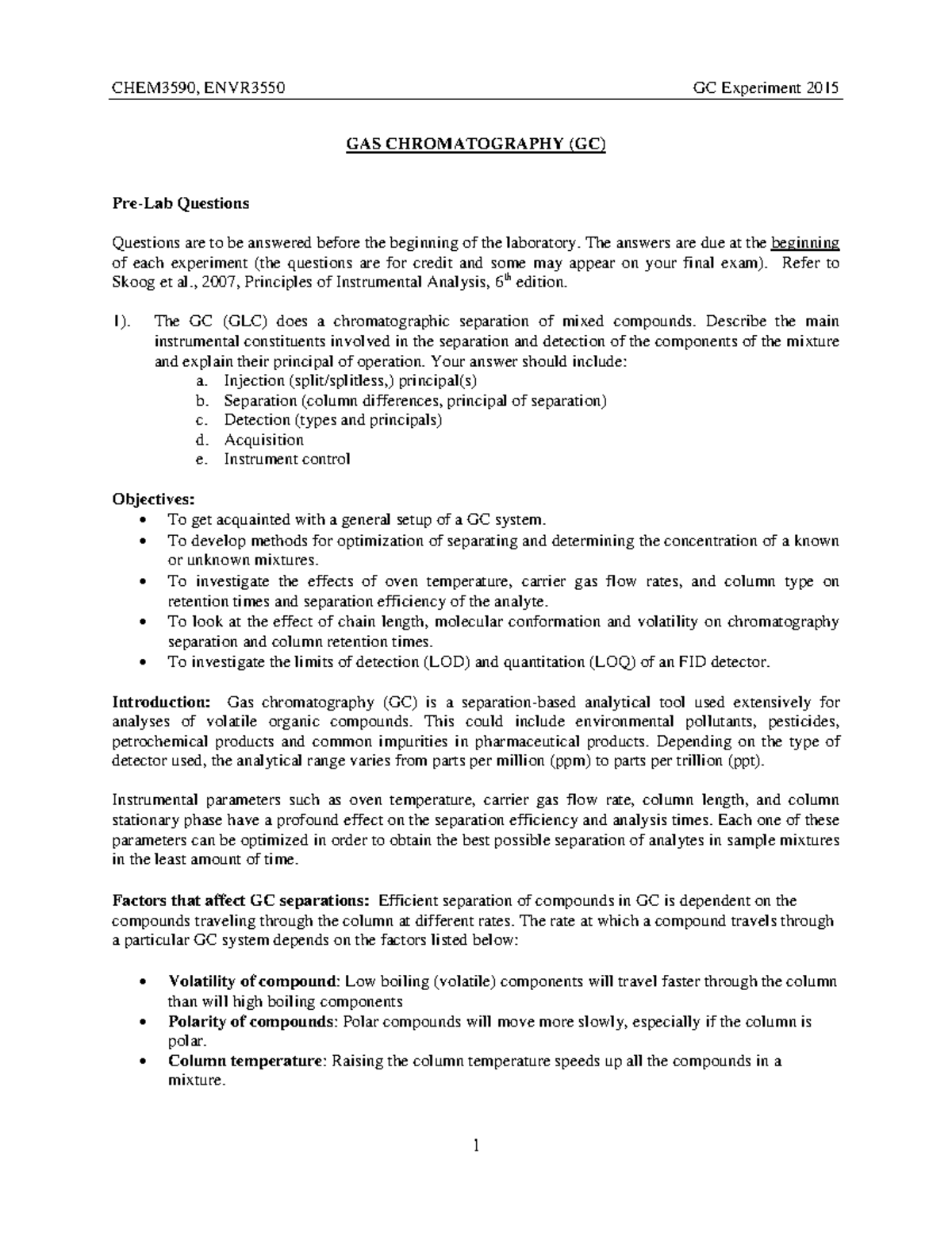 Lab Handout - Gas Chromatography (GC) - CHEM3590, ENVR3550 GC ...