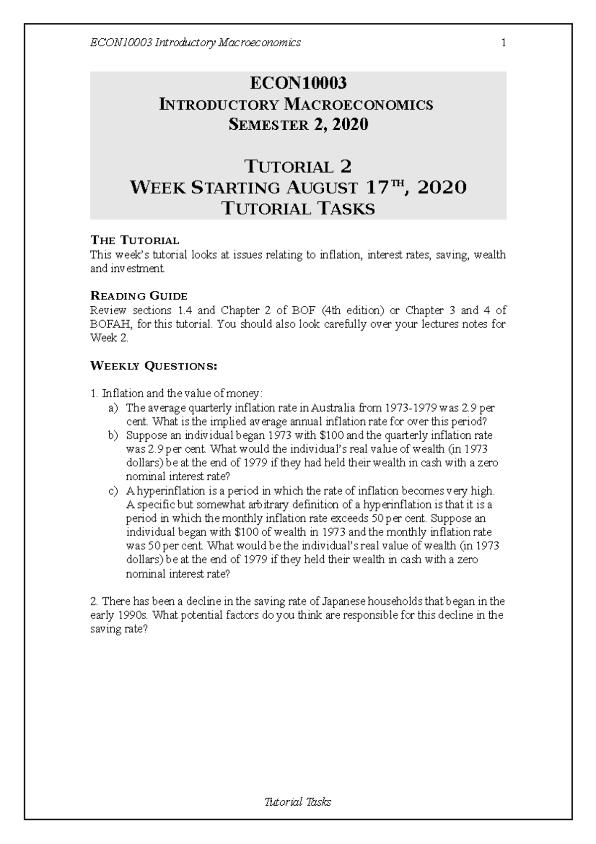 Tutorial week 2 - Macroeconomics - ECON10003 Introductory Macroeconomics ECON INTRODUCTORY - Studocu