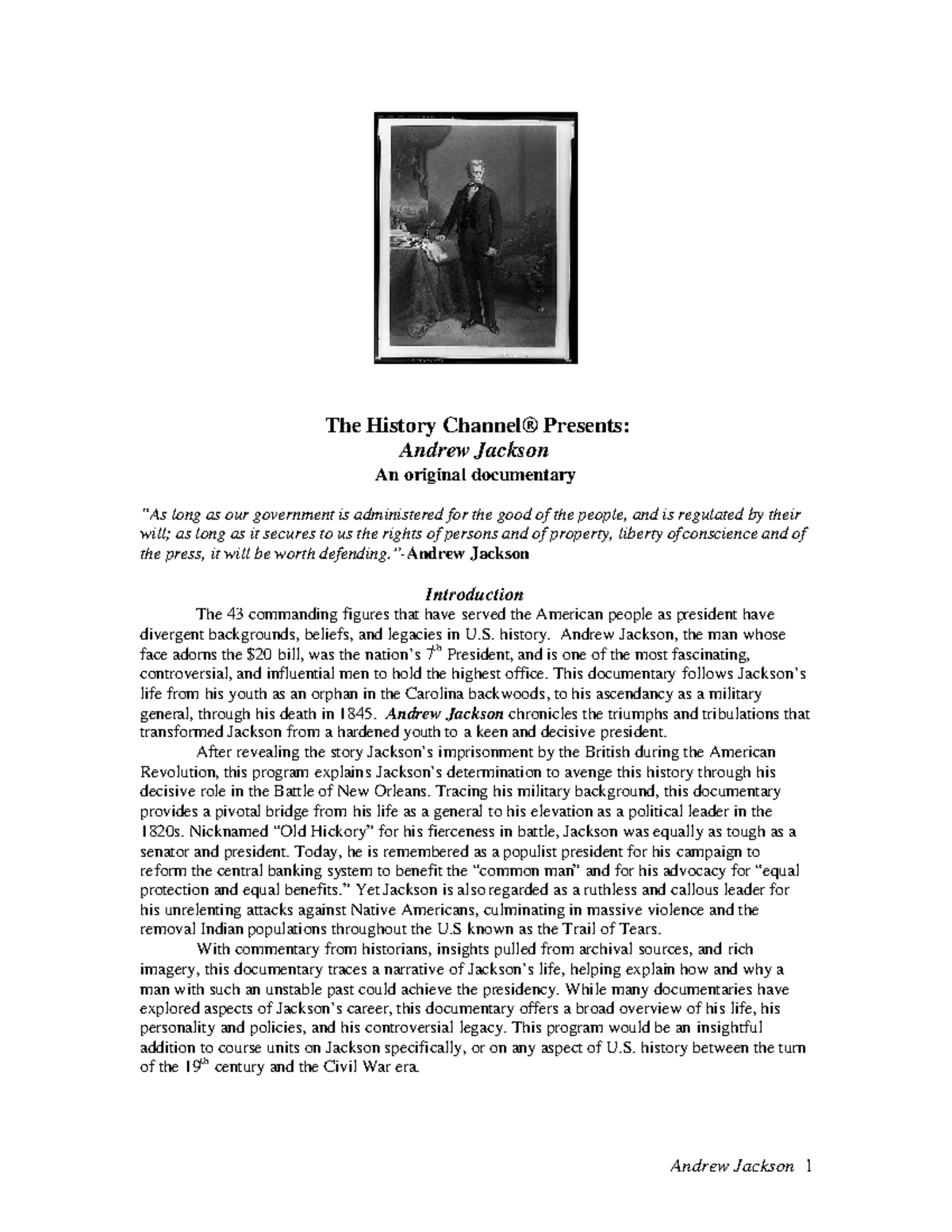 Andrew jackson study guide - The History Channel® Presents: Andrew ...