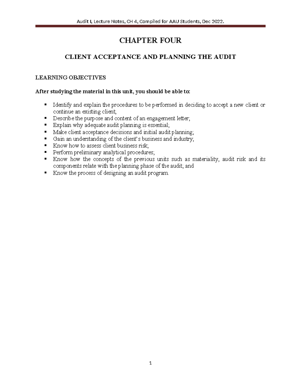 Audit ONE, CH 4- 2022 Version- Student Version - CHAPTER FOUR CLIENT ...