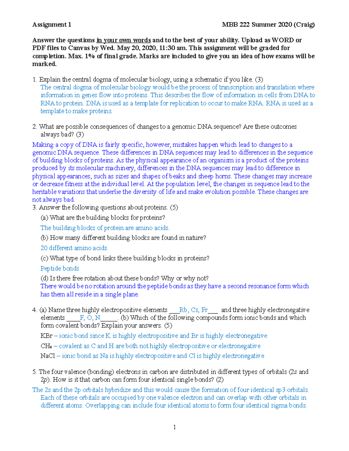 Assignment 1 - practice questions - Assignment 1 MBB 222 Summer 2020 ...