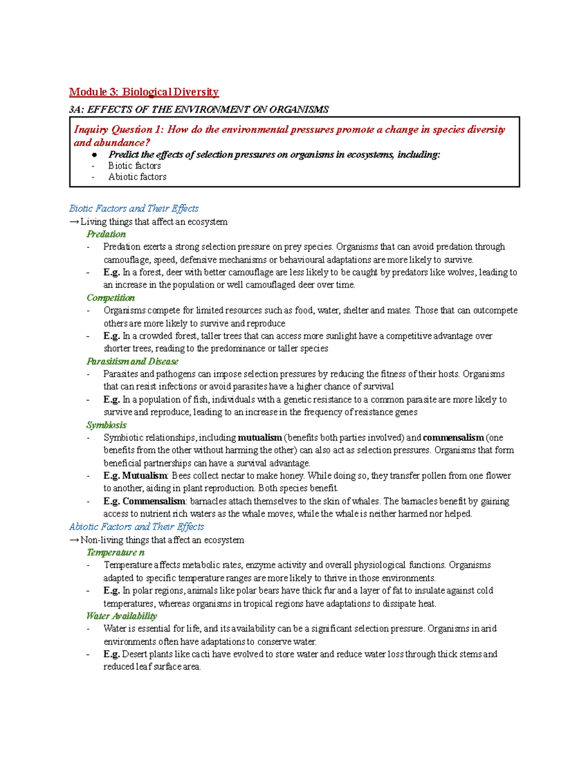 Biology Notes 2024 Module 3 - Module 3: Biological Diversity 3A ...
