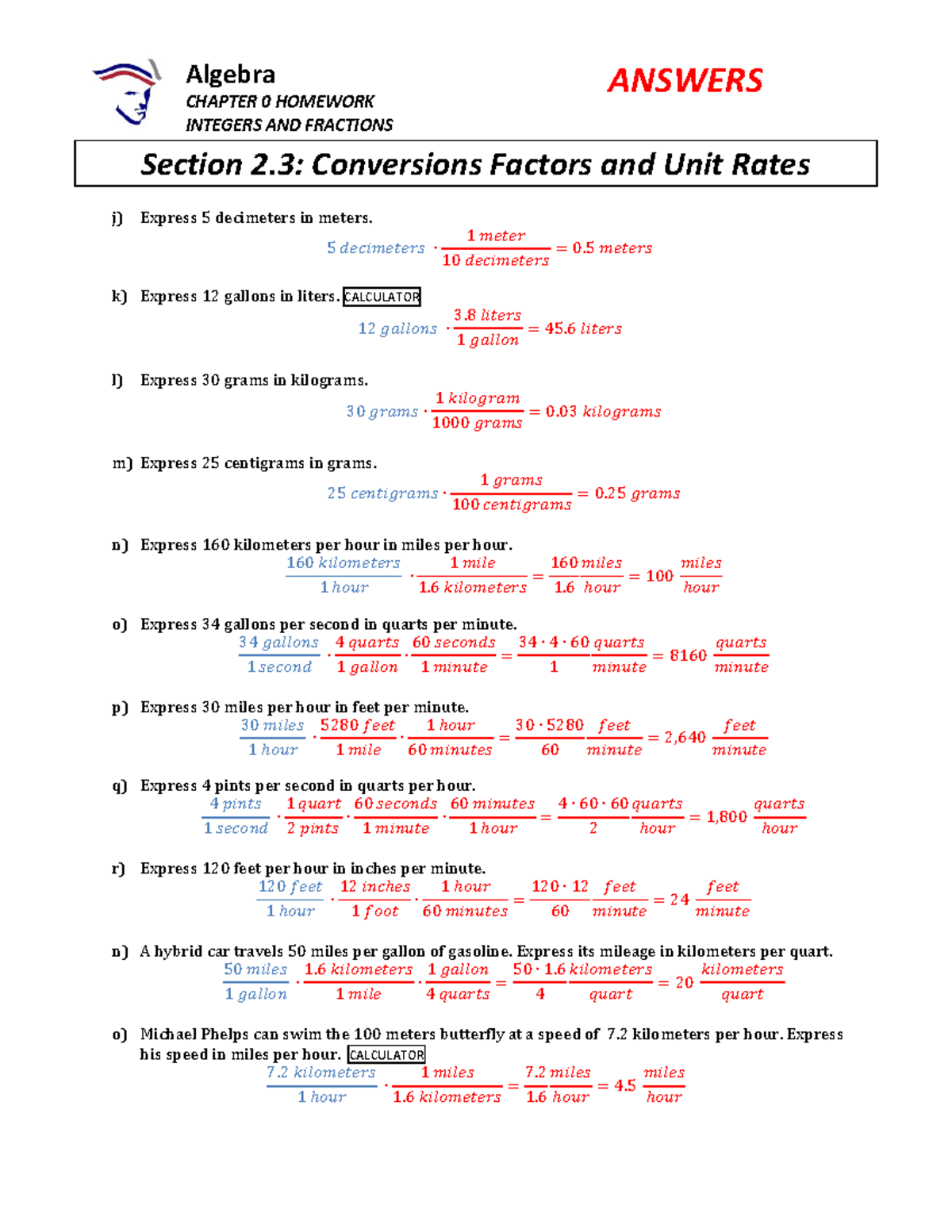 2.3 Unit Conversion HW 2020 Key - Algebra CHAPTER 0 HOMEWORK INTEGERS ...