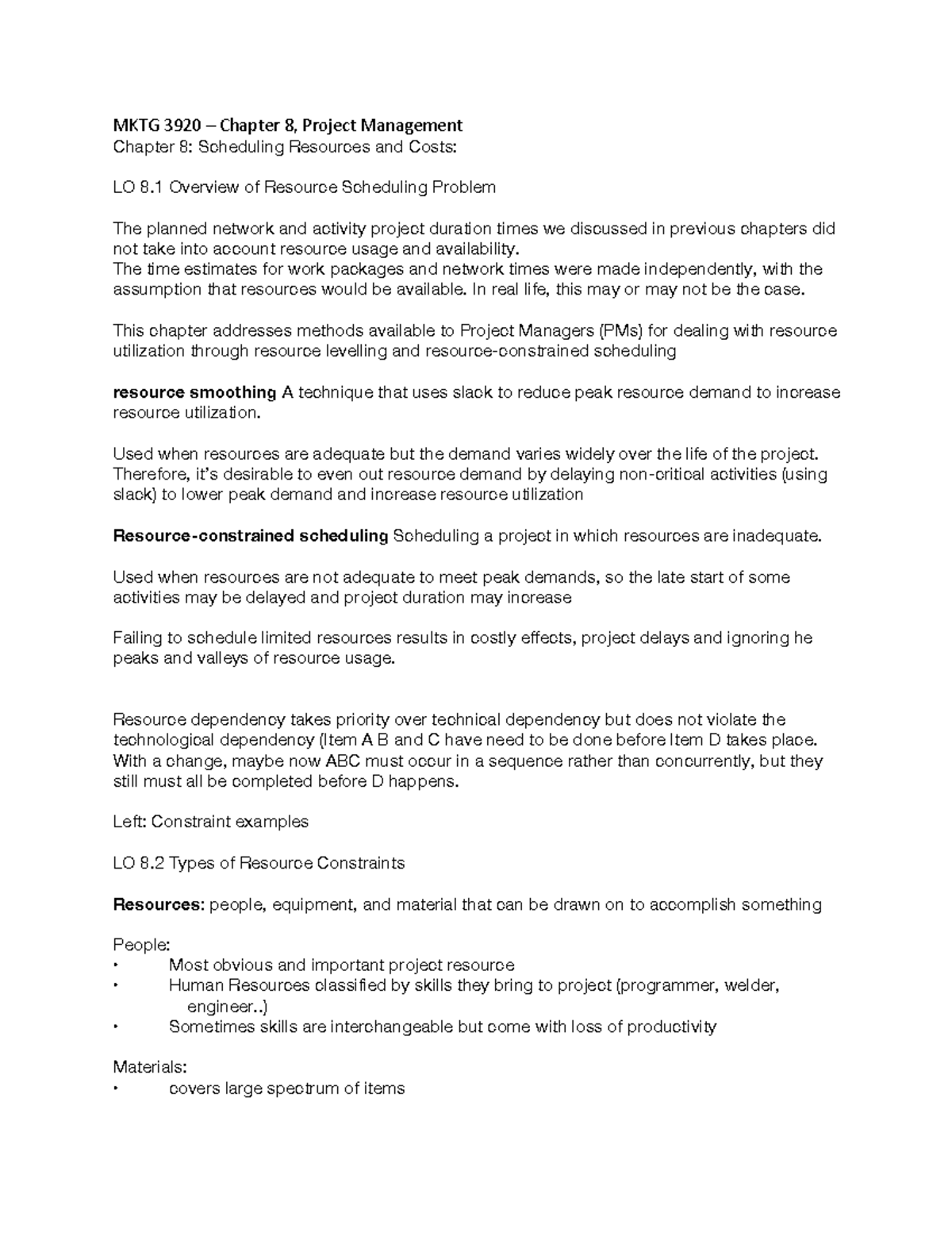 MKTG 3920 - CH 8 - Project Management Notes - MKTG 3920 3 Chapter 8 ...