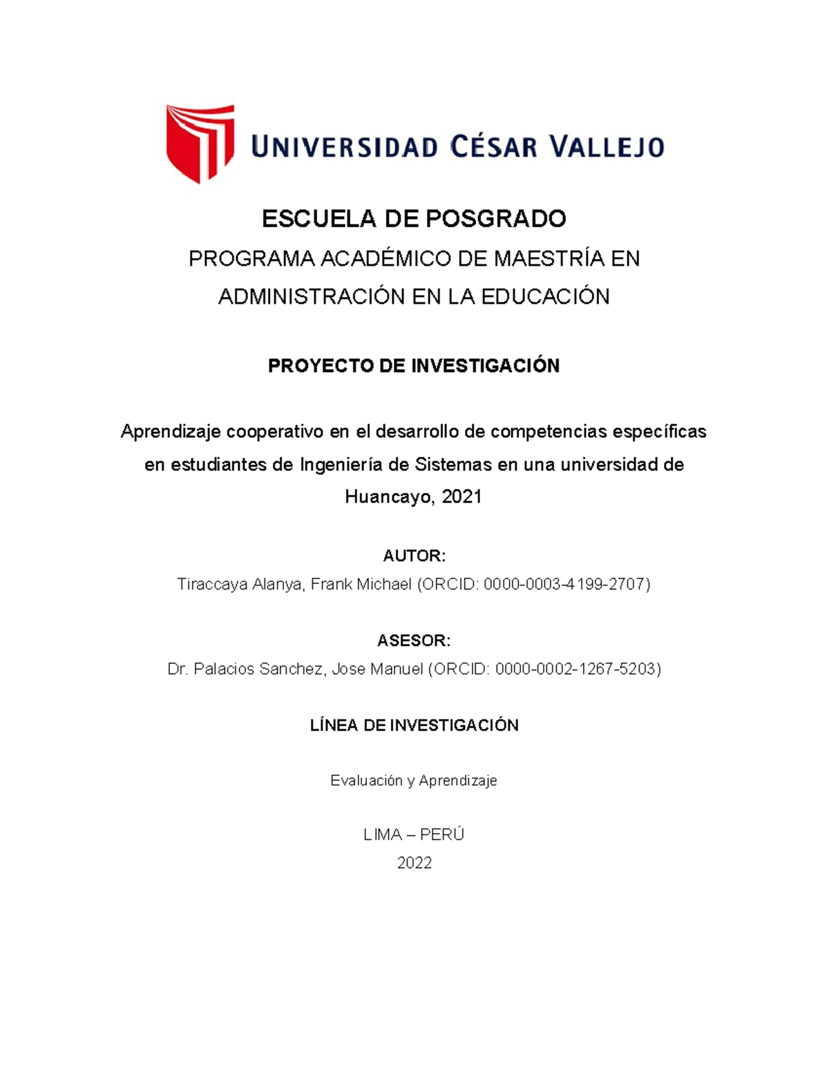 CARÁTULA Proyecto - NINGUNA - ESCUELA DE POSGRADO PROGRAMA ACADÉMICO DE MAESTRÍA EN ...