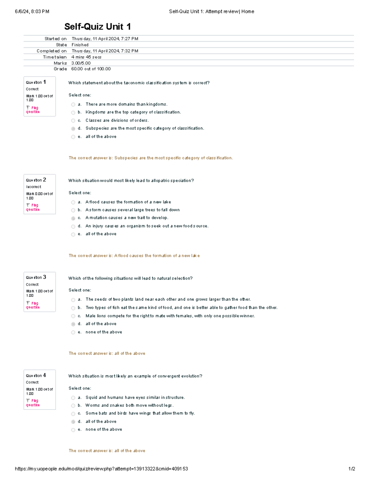 BIOL 1122 Self-Quiz Unit 1 Attempt - Question 1 Correct Mark 1 out of 1. Flag question Question ...