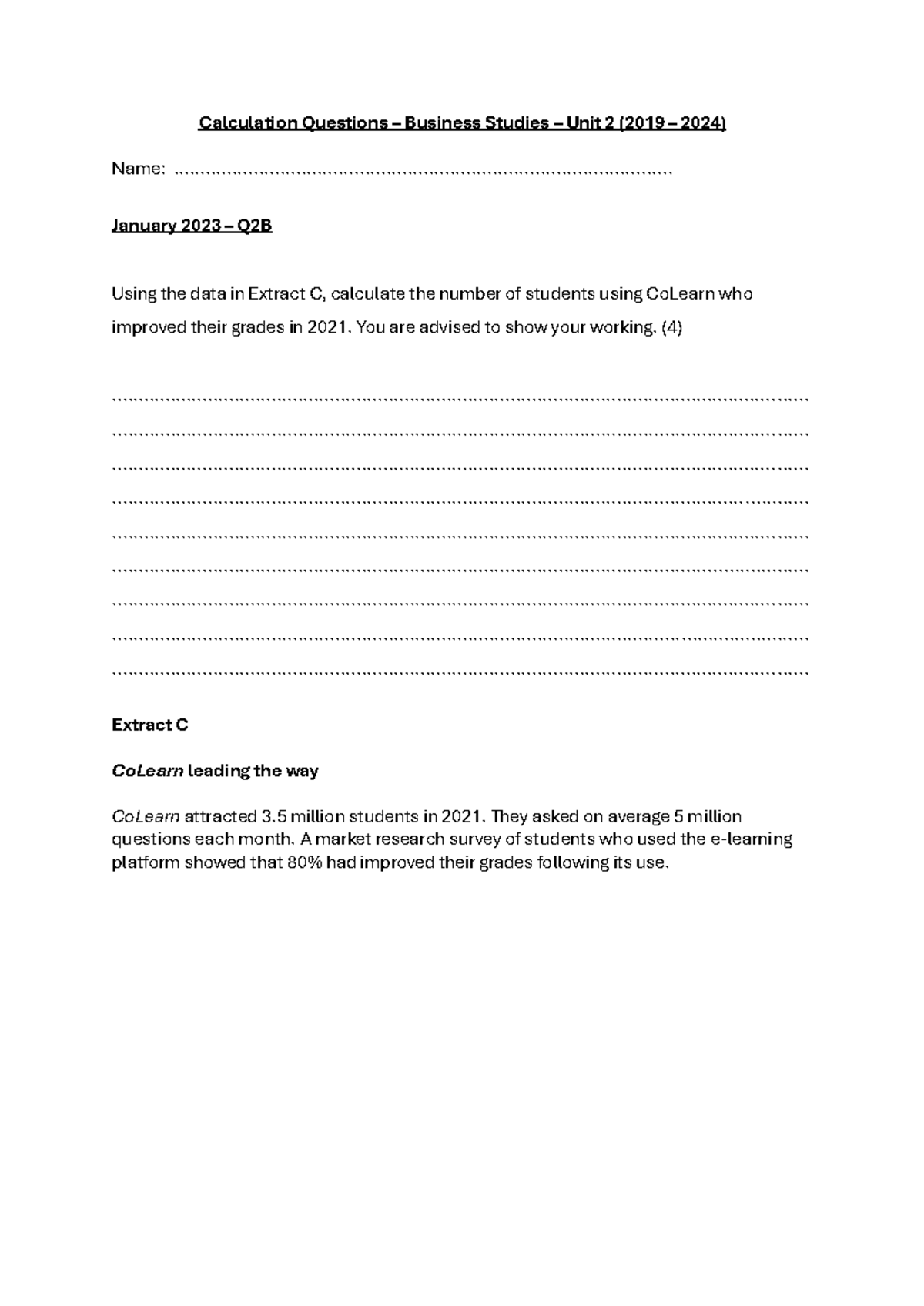 Calculation Questions - Unit 2 business studies edexcel - Calculation ...