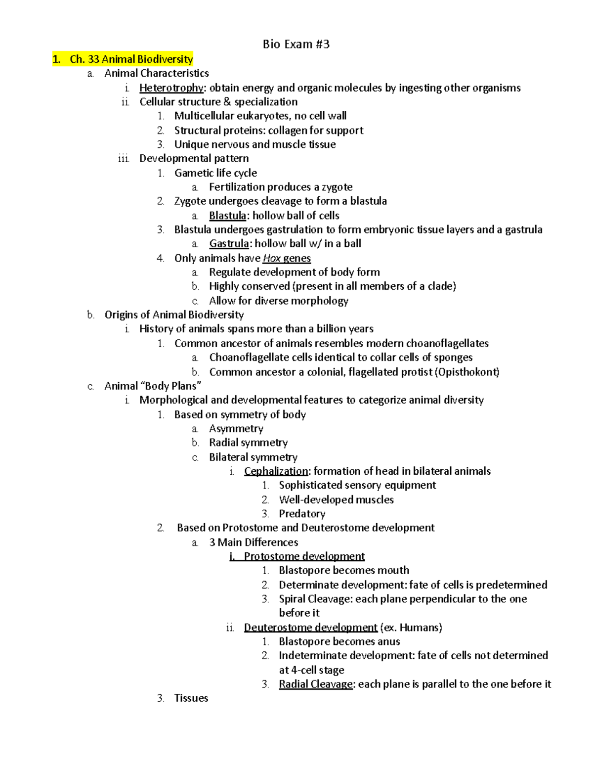 Bio Exam#3 - Dr. McRae - Bio Exam Ch. 33 Animal Biodiversity a. Animal ...