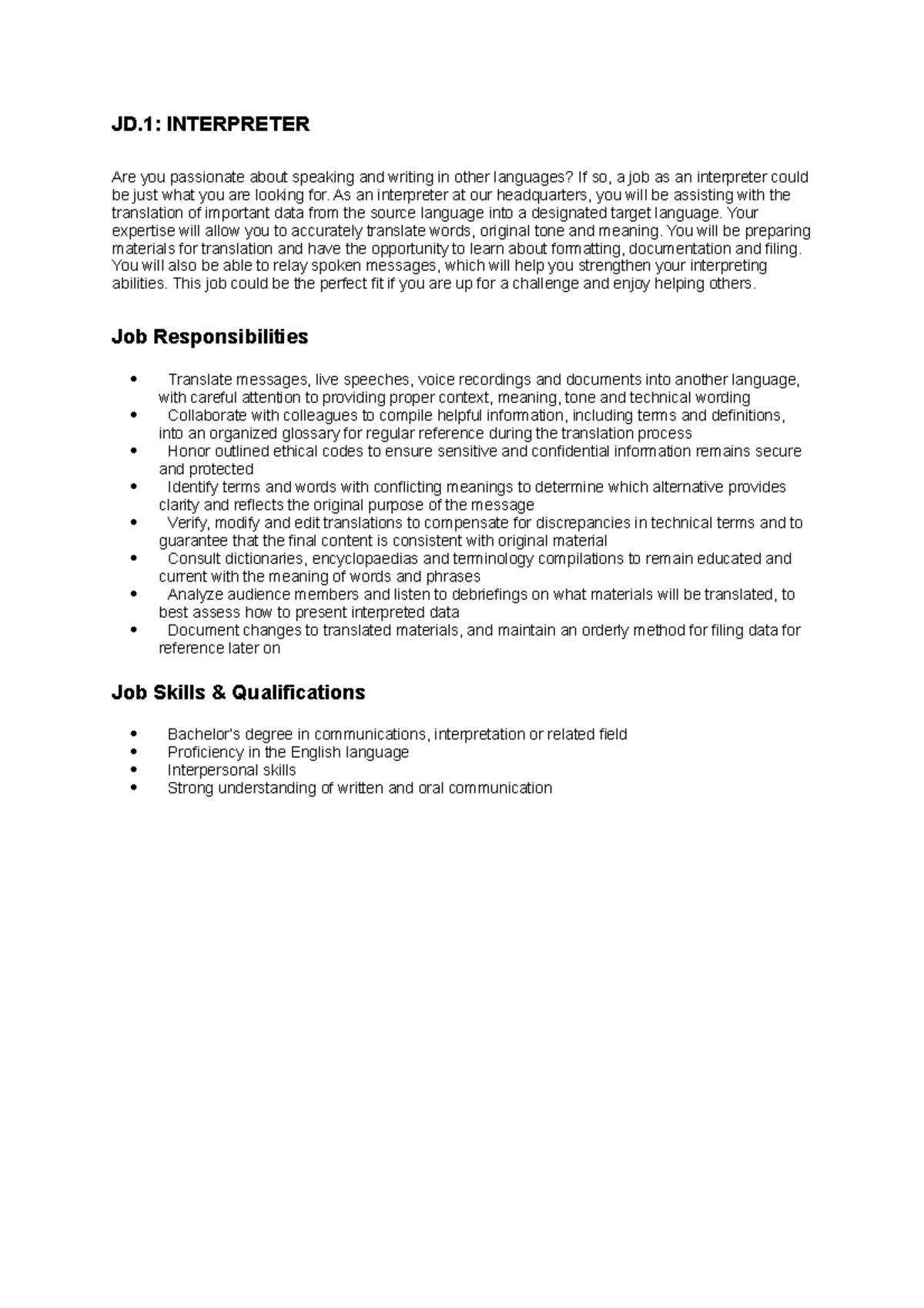 Sample JD T&I - JD: INTERPRETER Are you passionate about speaking and ...