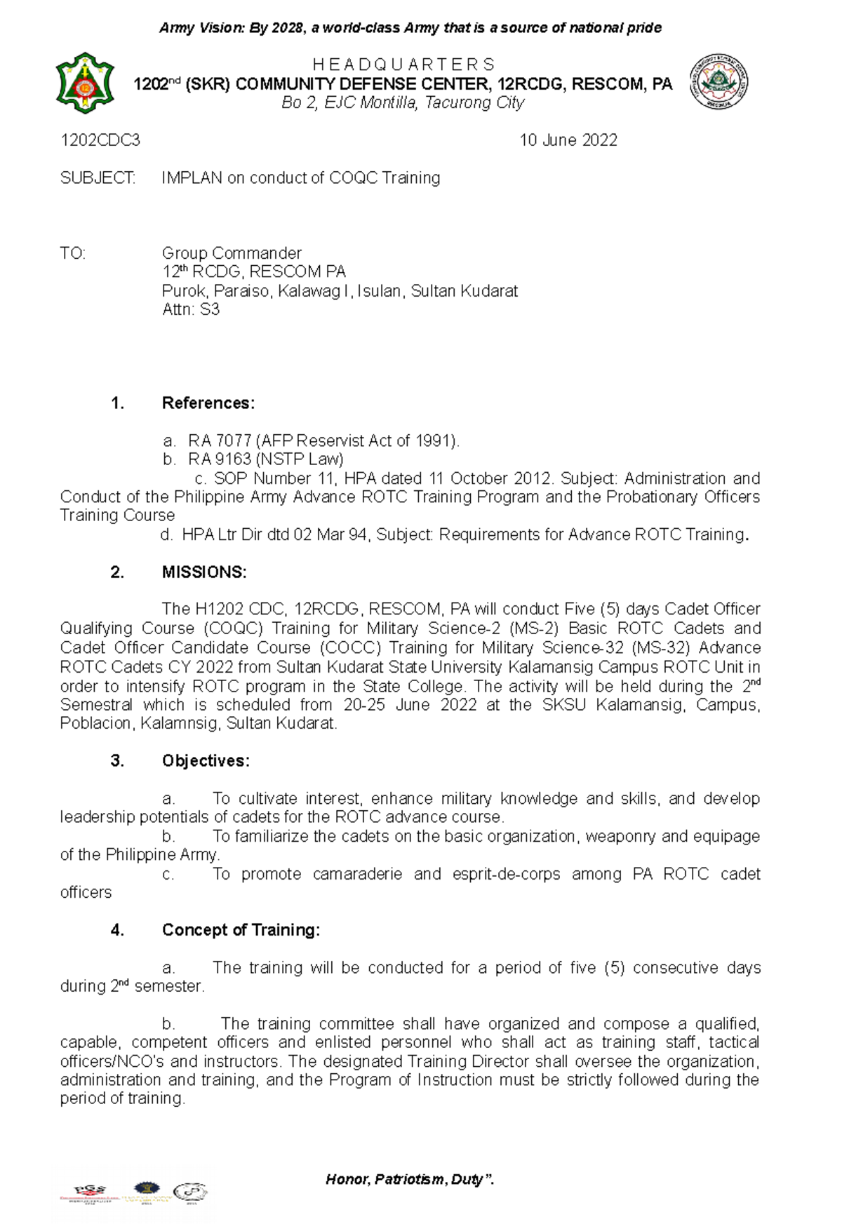 COQC Implan CY 2022-SKSU - H E A D Q U A R T E R S 1202 nd (SKR ...