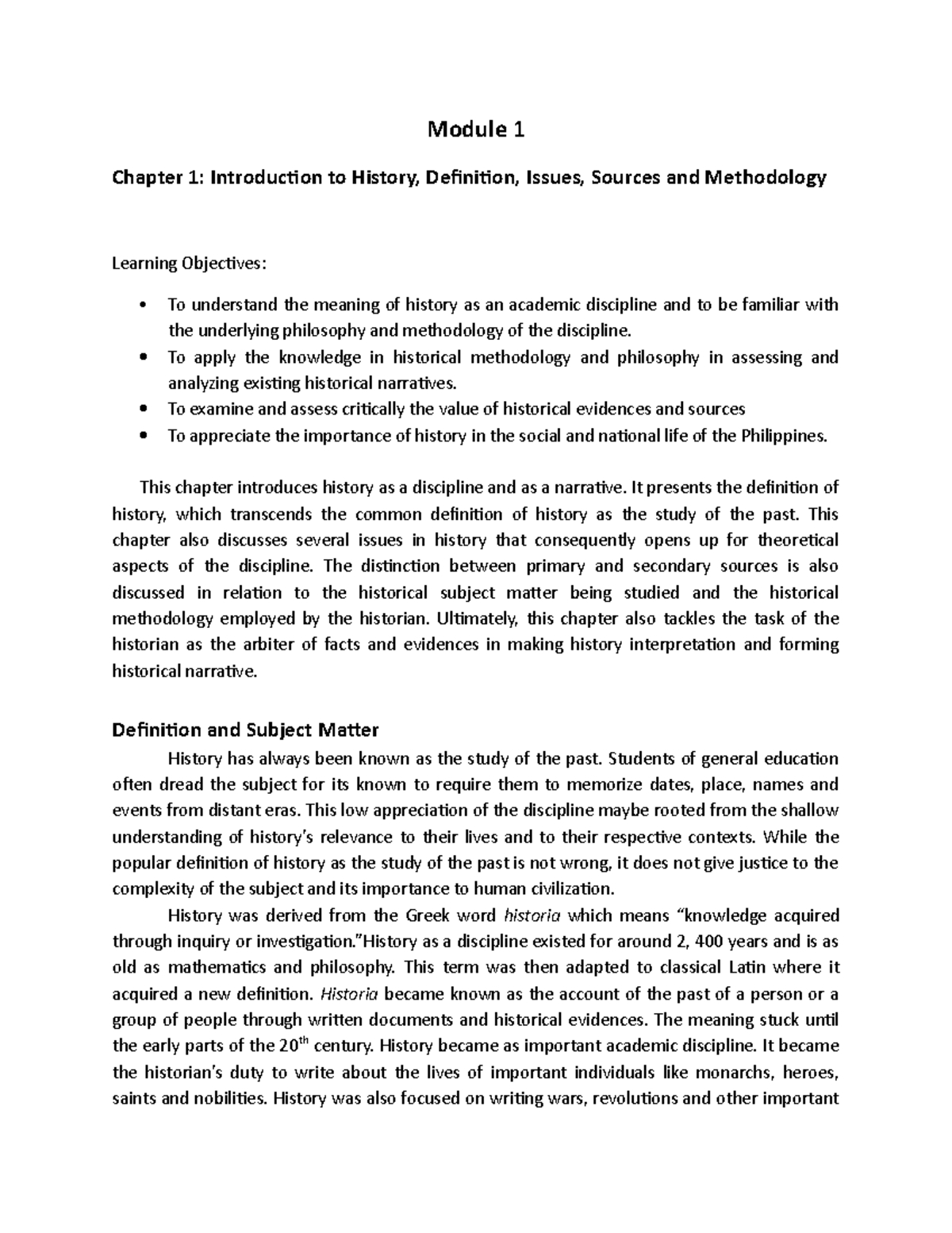 Module-1 - READINGS IN THE PHILIPPINE HISTORY 1ST SEMESTER - Module 1 Chapter 1: Introduction to ...