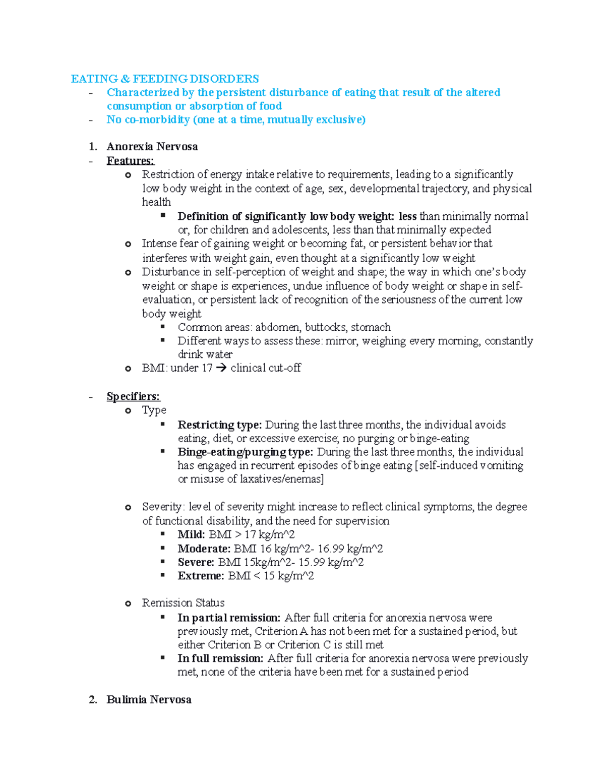 Quiz 3 Notes (Open Note) - EATING & FEEDING DISORDERS Characterized by ...