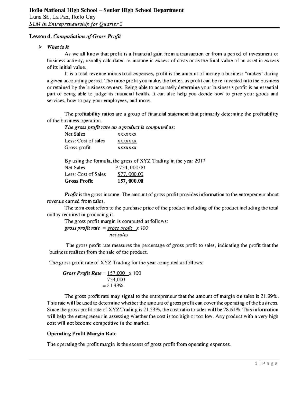 Entrep Q2 Week5-6 - Luna St., La Paz, Iloilo City SLM in Entrepreneurship for Quarter 2 Lesson 4 ...