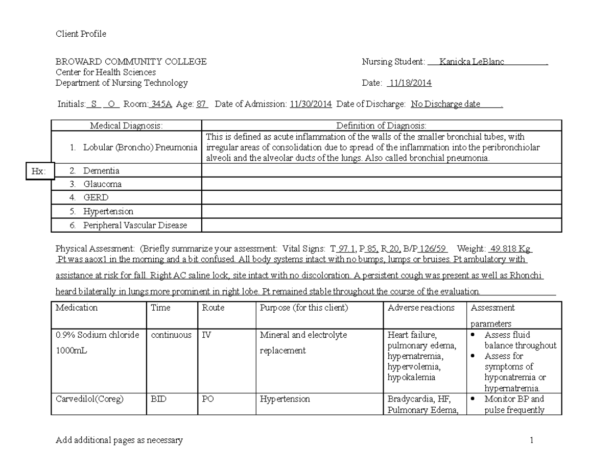 Completed patient profile 2 - BROWARD COMMUNITY COLLEGE Nursing Student ...