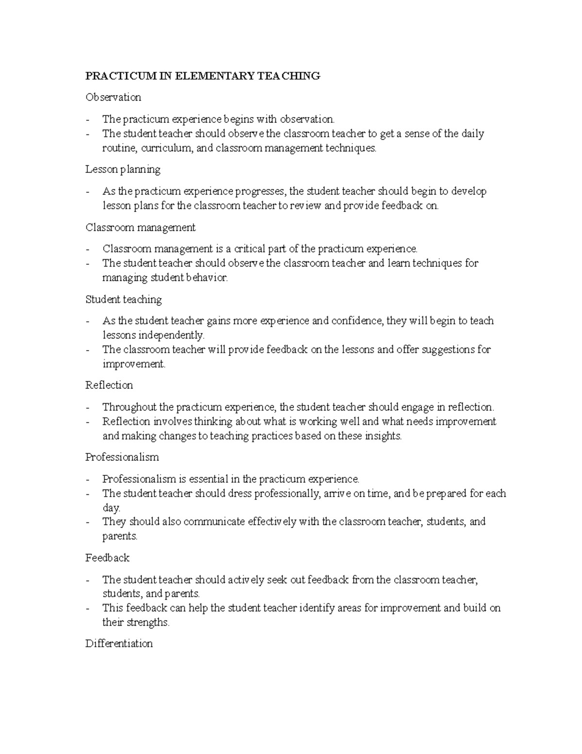 Practicum IN Elementary Teaching Notes 1 - PRACTICUM IN ELEMENTARY ...