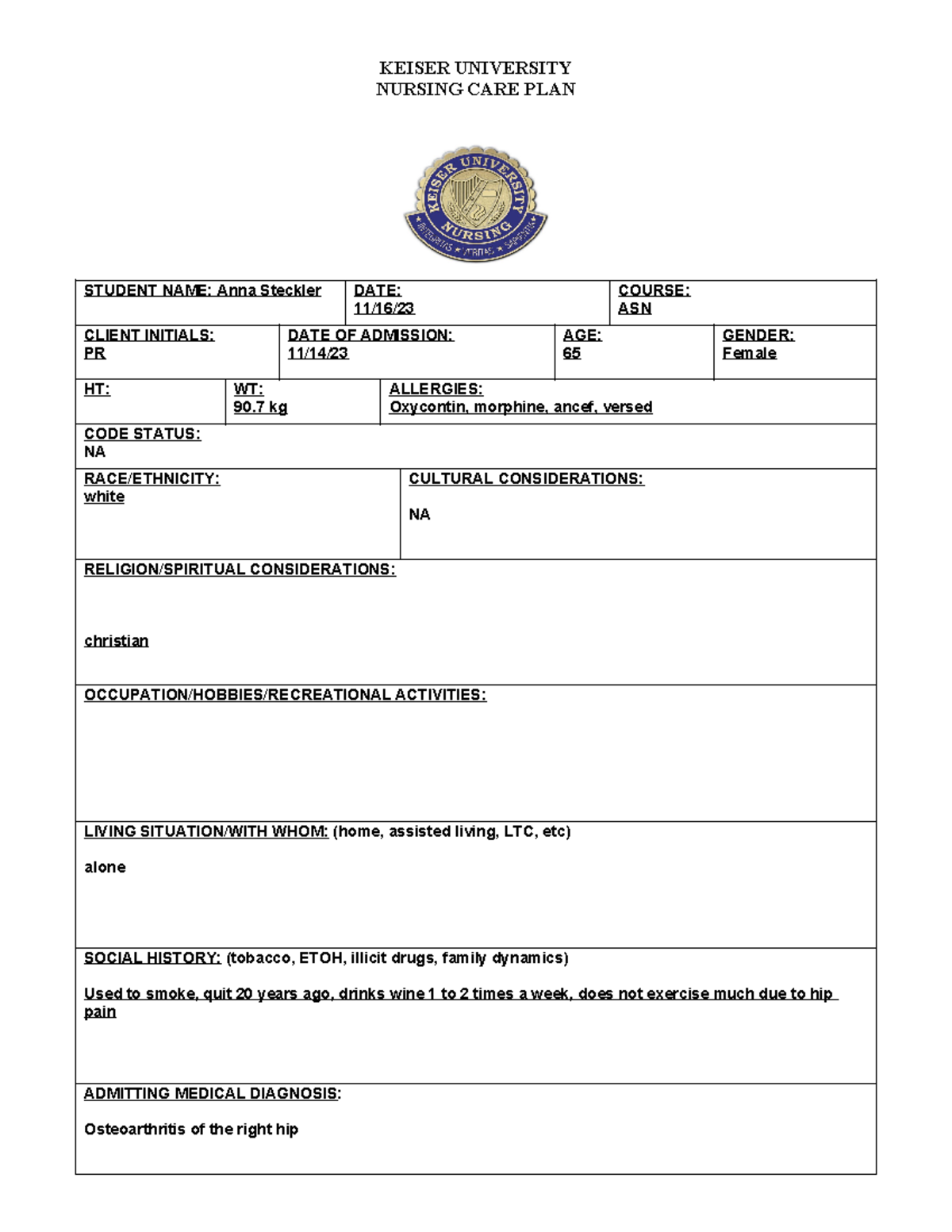 Care Plan #12 - cazre plan - NURSING CARE PLAN STUDENT NAME: Anna ...