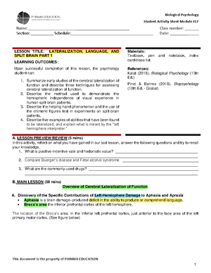 SAS Module 10 Brain Damage AND Neuroplasticity - Student Activity Sheet Module # Name: - Studocu