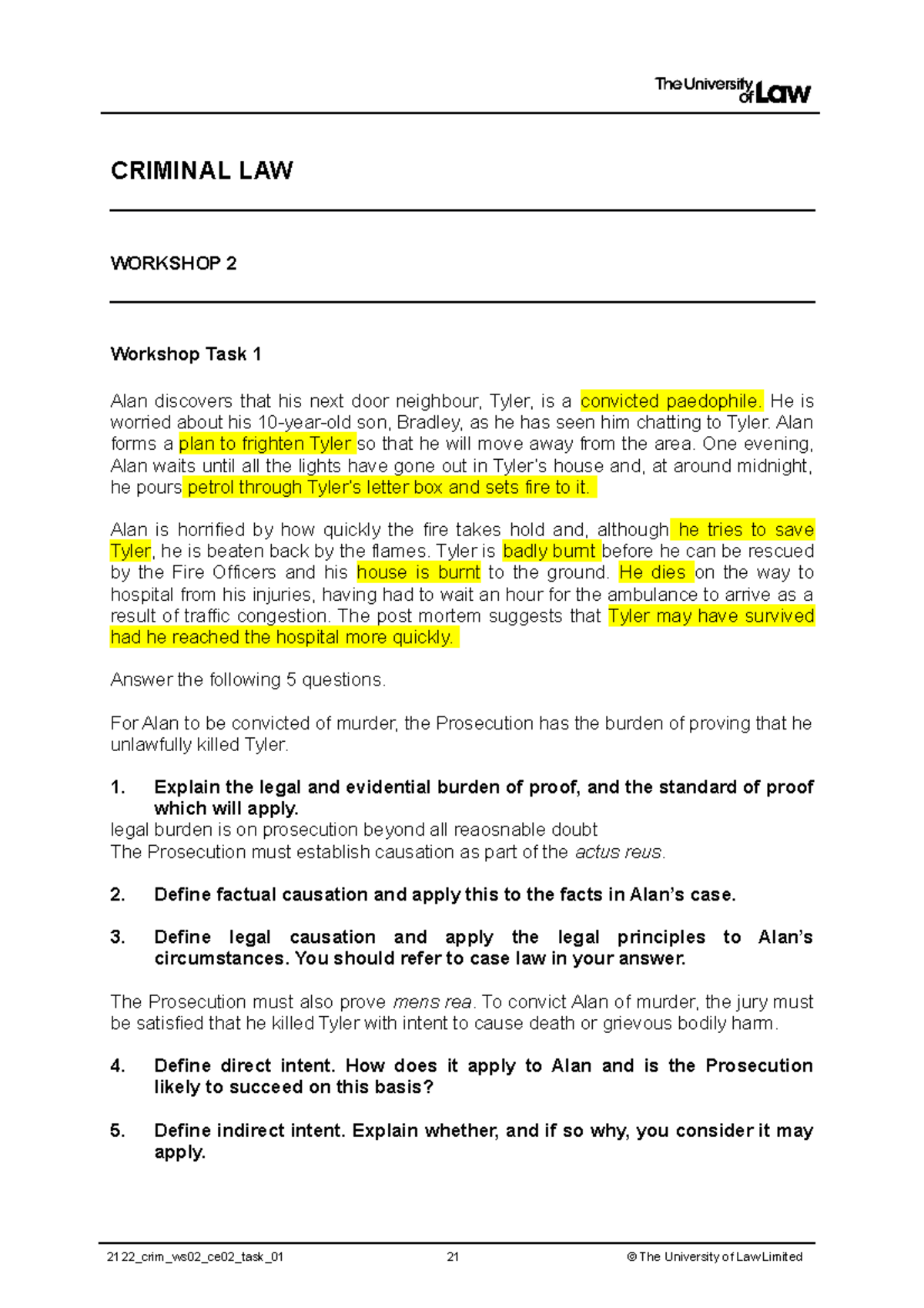 INTRODUCTION TO CRIMINOLOGY WORKSHOP 2 TASK 1 - CRIMINAL LAW WORKSHOP 2 ...