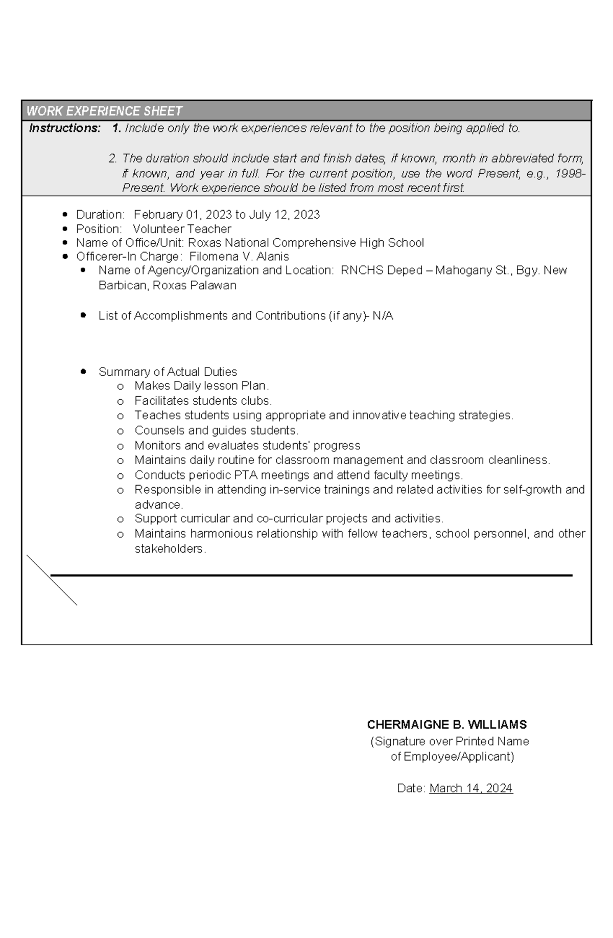 WORK Experience Sheet - WORK EXPERIENCE SHEET Instructions: 1. Include ...