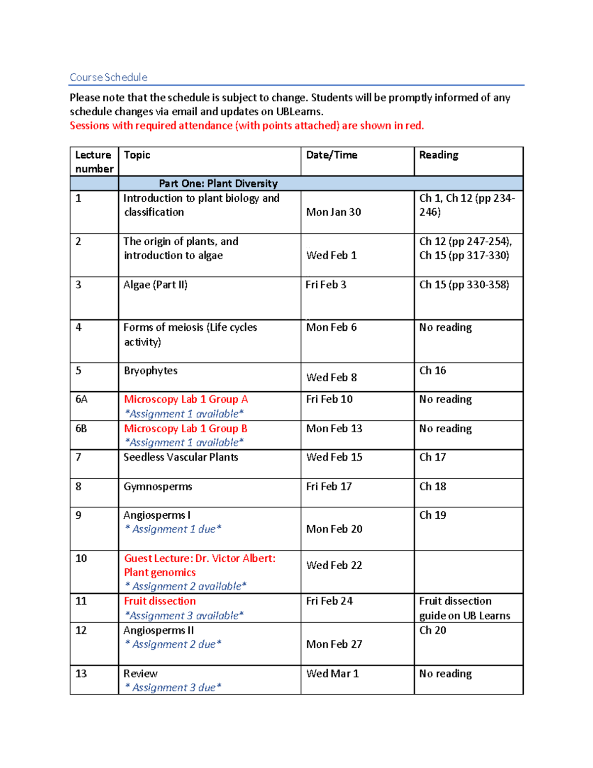 Plant biology schedule - Course Schedule Please note that the schedule ...