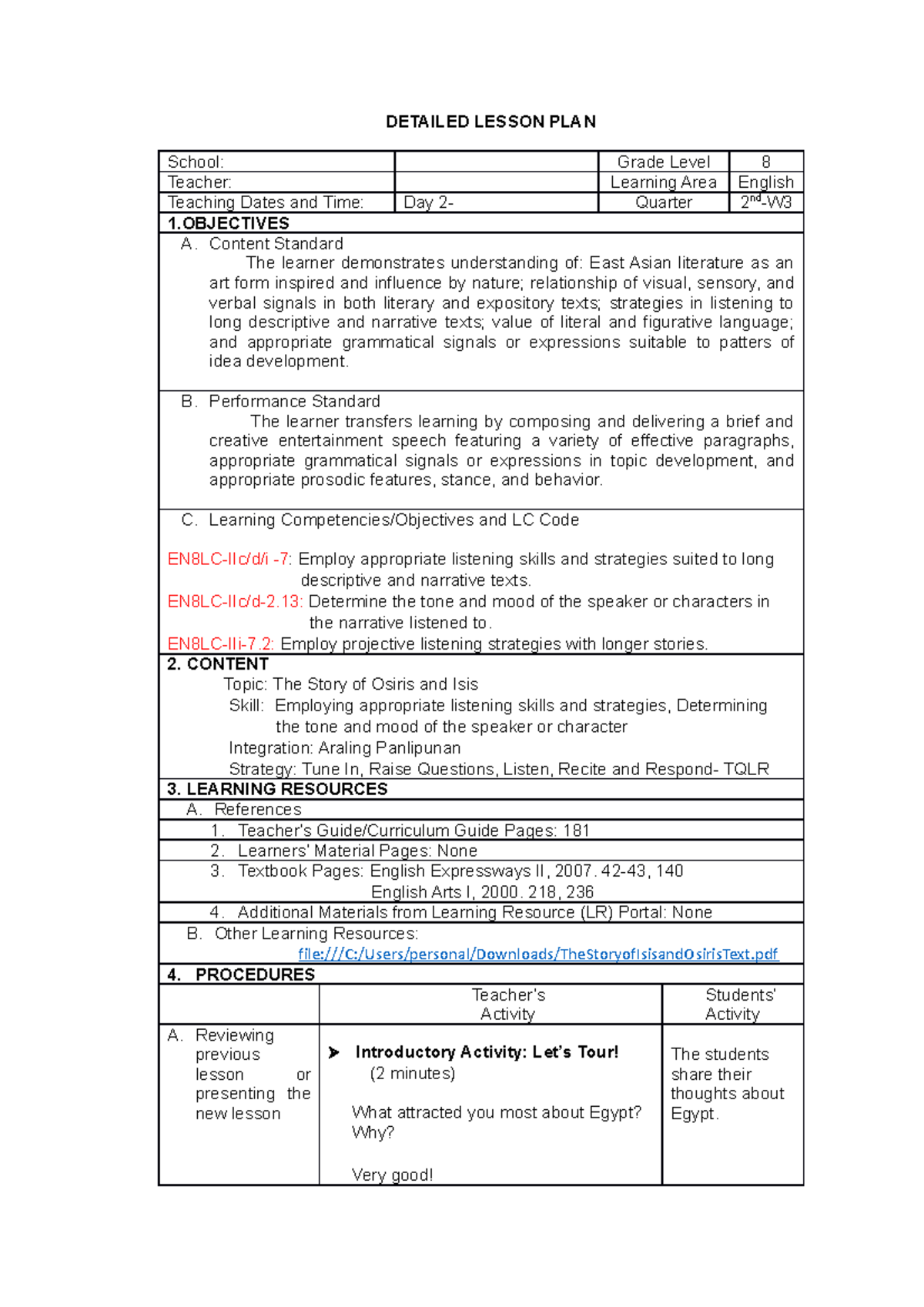 Detailed Lesson PLAN - You're welcome - DETAILED LESSON PLAN School ...