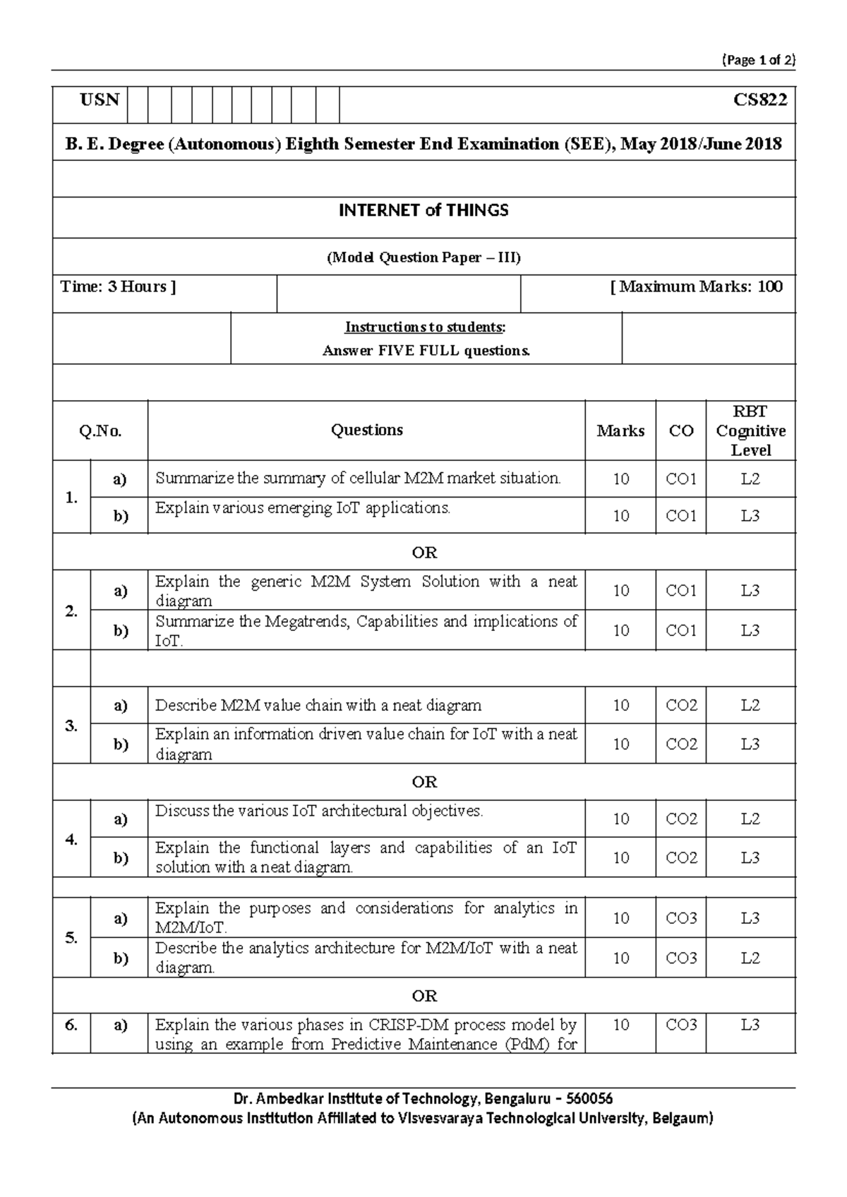 Io T ELE Model Question Paper 3 - (Page 1 of 2 ) USN CS B. E. Degree ...