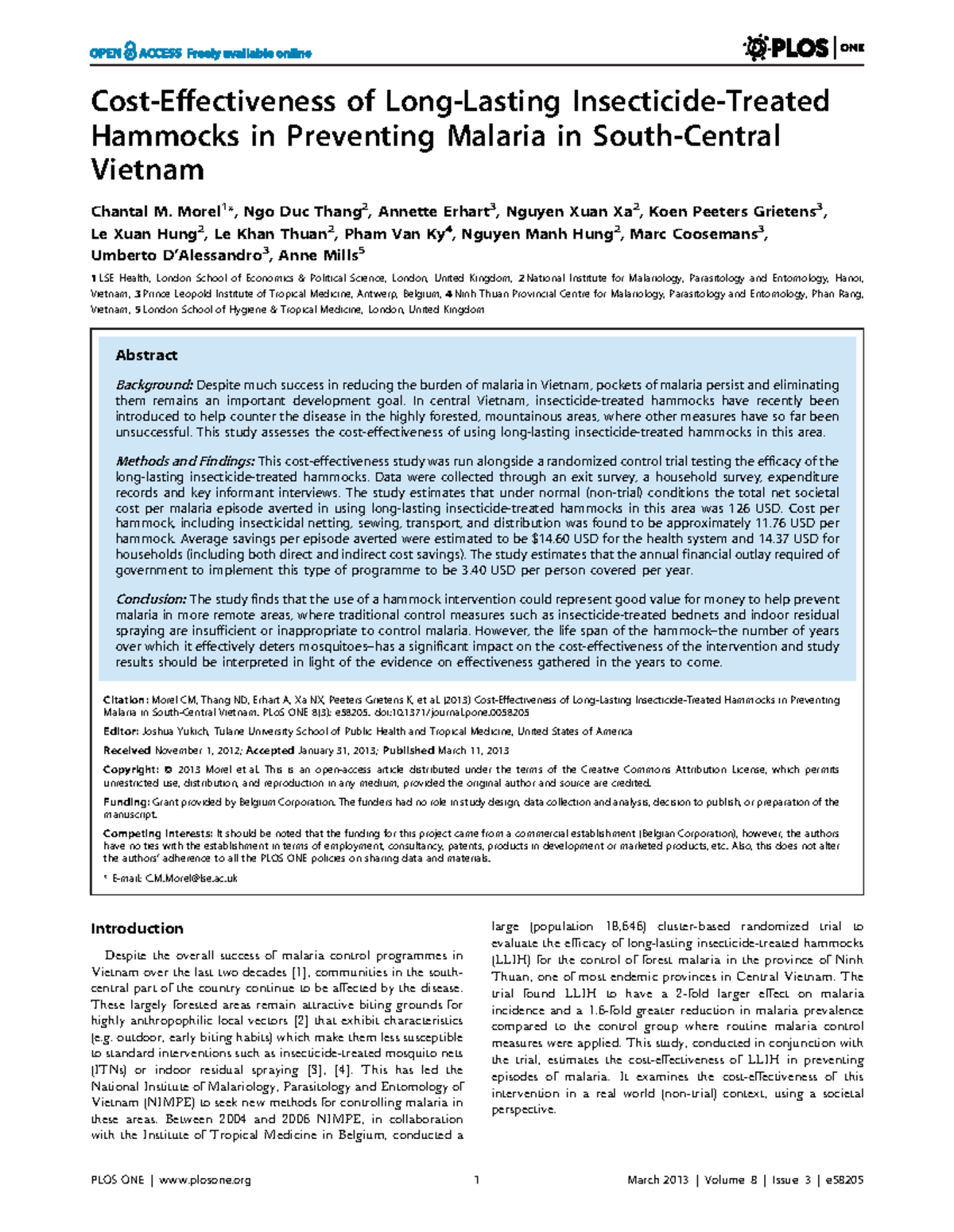 1- Cost-effectiveness of long-lasting insecticide-treated hammocks in ...