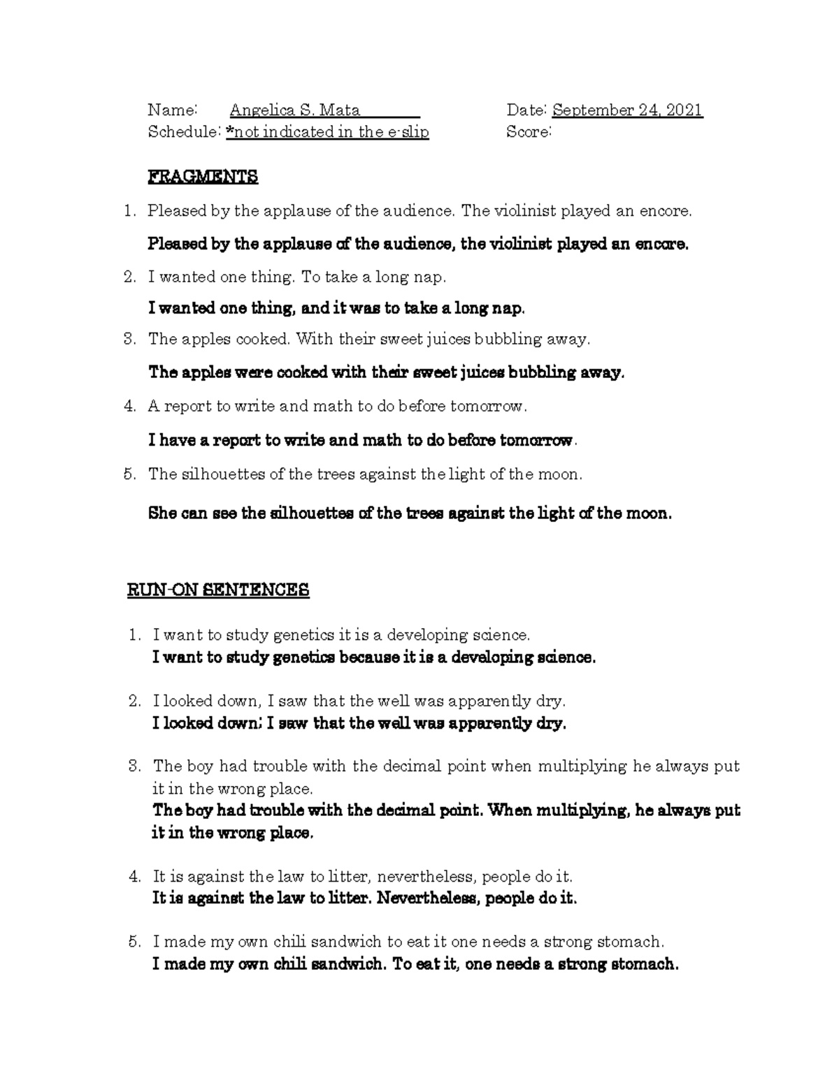 Avoiding Sentence Errors - Name: Angelica S. Mata Date: September 24, 2021 Schedule: *not ...