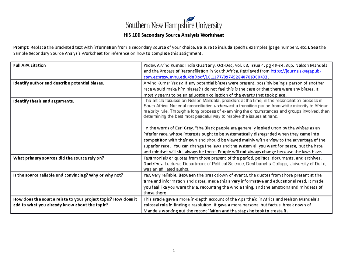 HIS 100 Secondary Source Analysis Worksheet - HIS 100 Secondary Source ...
