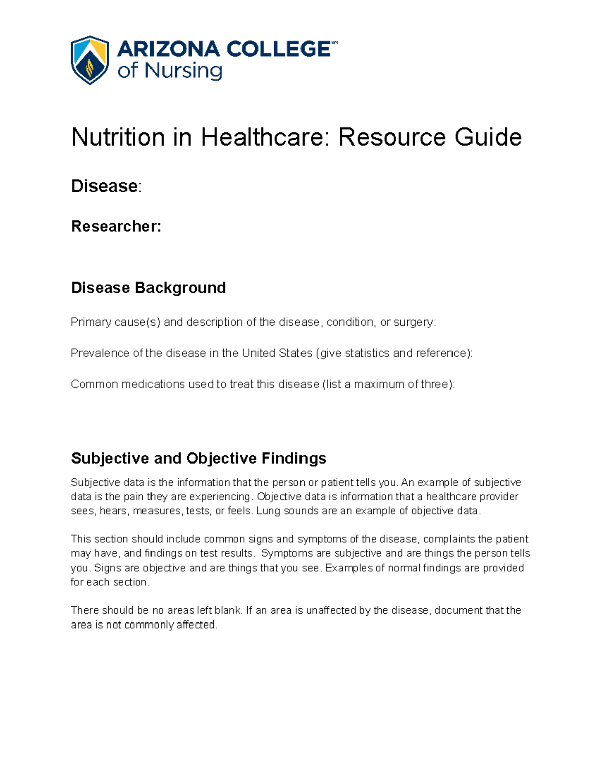 NTR 241 Nutrition in Healthcare Resource Guide template - Nutrition in ...