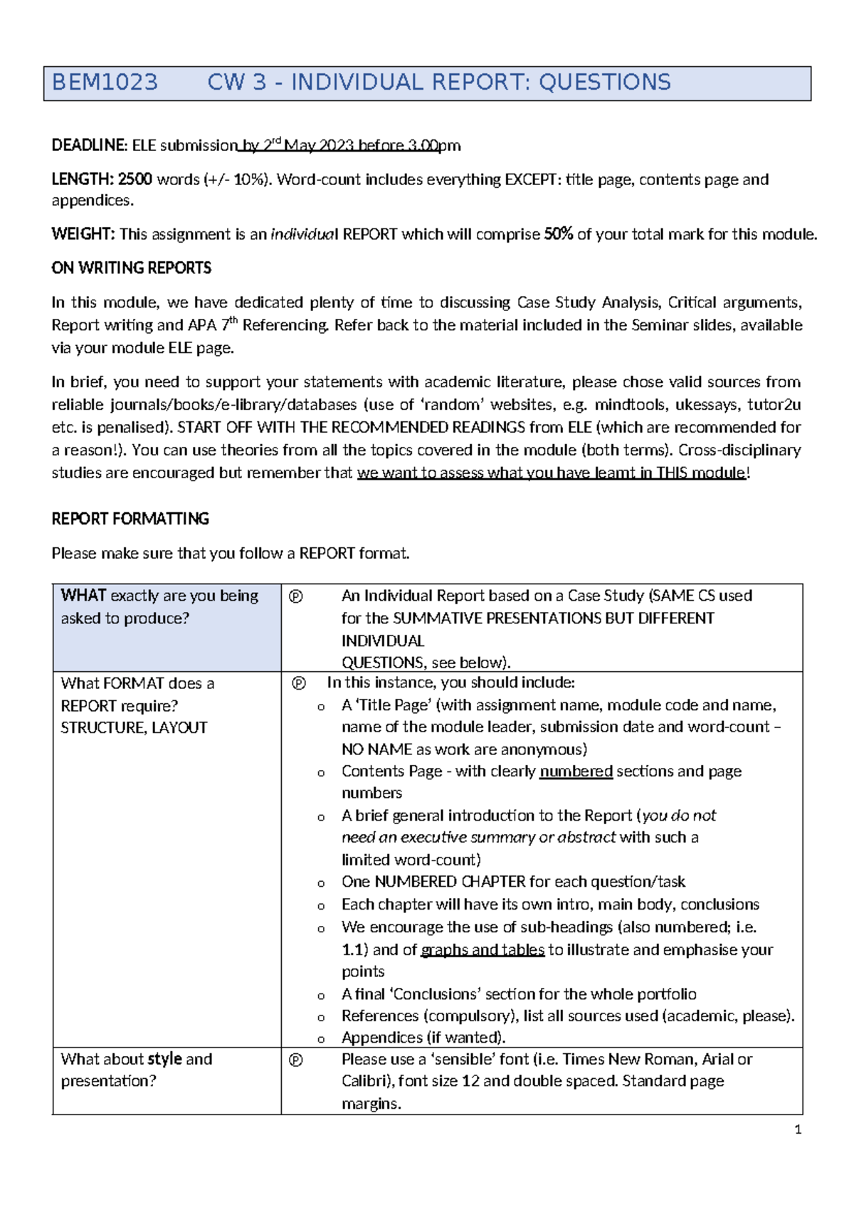 BEM1023 2023 -24 Assignment brief - Individual Report - DEADLINE: ELE ...