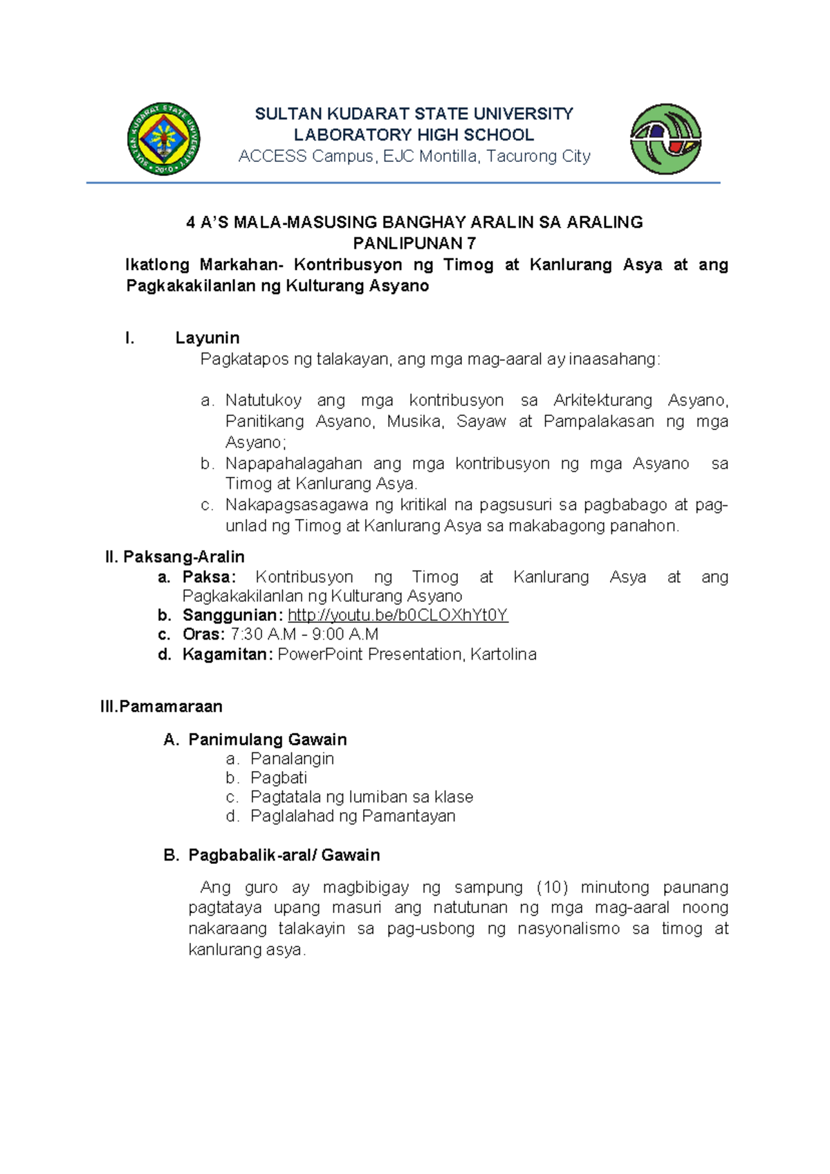 Kontribusyon-LP-REY - lesson plan - SULTAN KUDARAT STATE UNIVERSITY LABORATORY HIGH SCHOOL ...