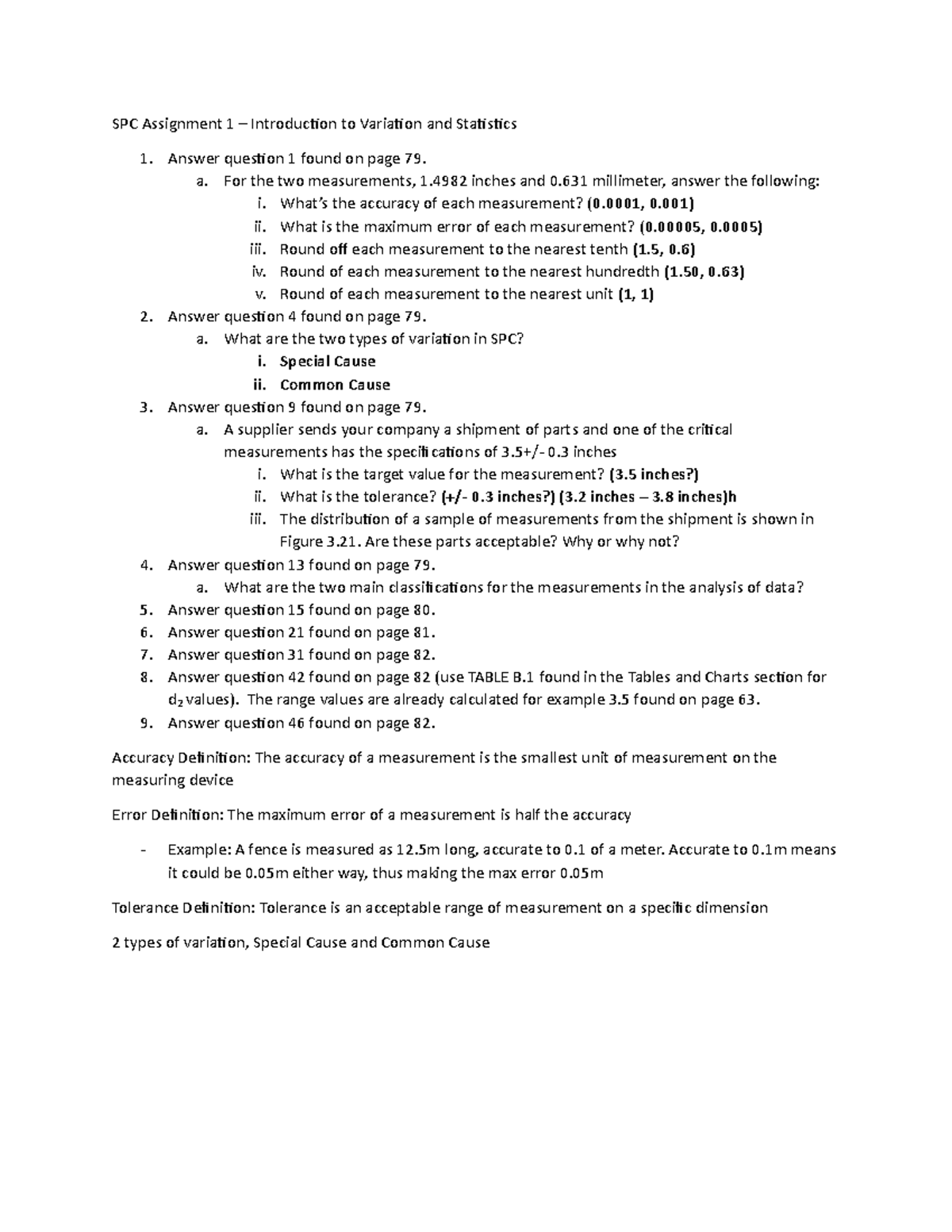 SPC Assignment 1 - Module 1 - SPC Assignment 1 – Introduction to Variation and Statistics Answer ...