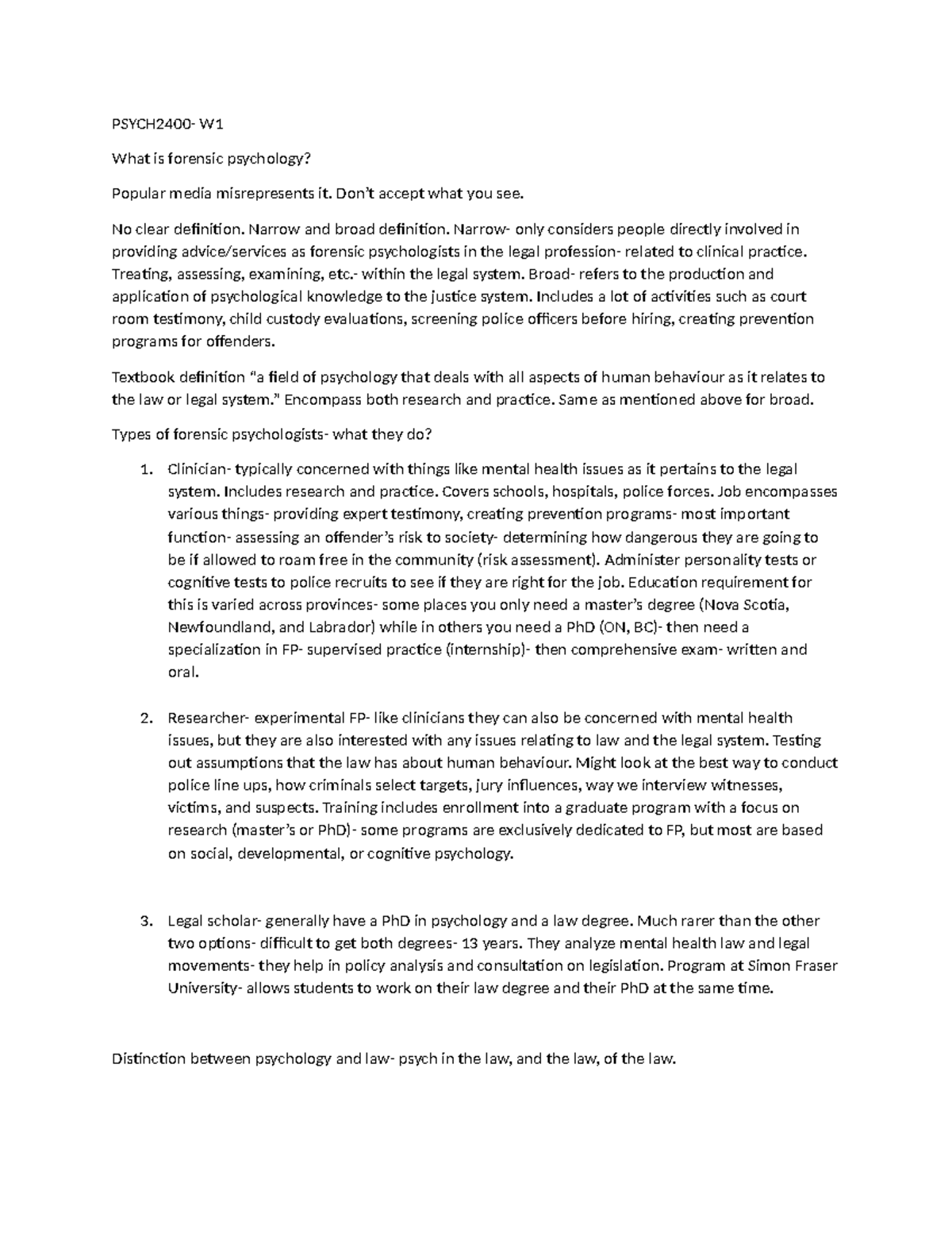 Psych 2400- W2 (Unit 1) - Lectures notes for unit 1 - PSYCH2400- W What ...