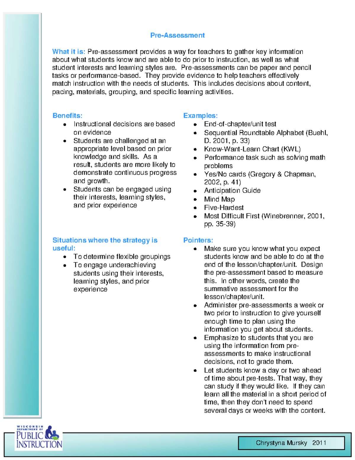 Pre-assessment - notes for pre-assessment - Chrystyna Mursky 2011 Pre ...