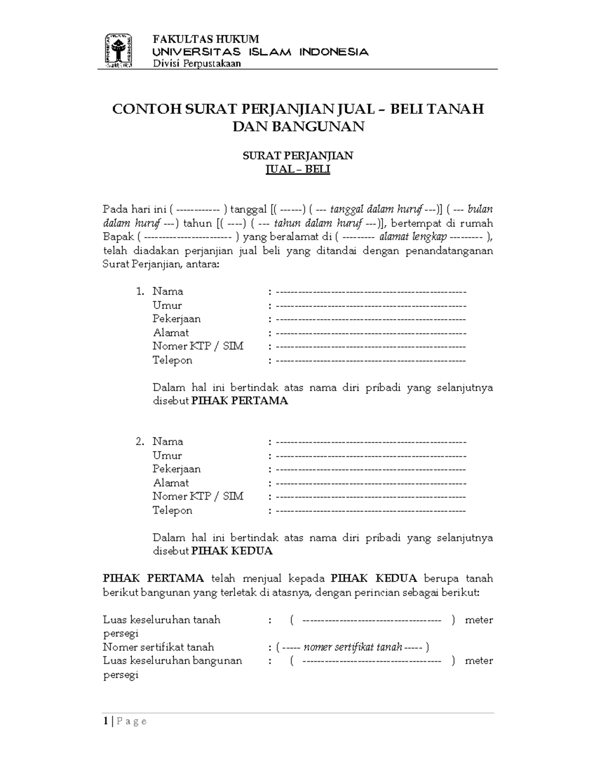 Contoh surat perjanjian jual beli tanah dan bangunan 3 FH UII ...