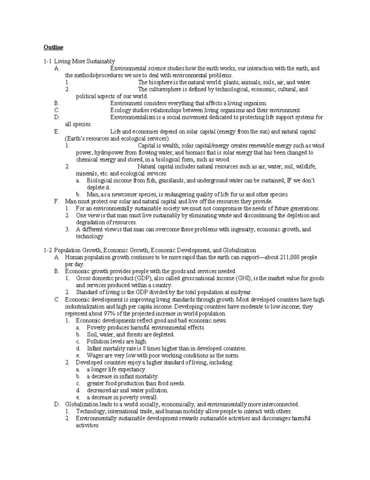 Chapter one outline - For class - Outline 1-1 Living More Sustainably A ...