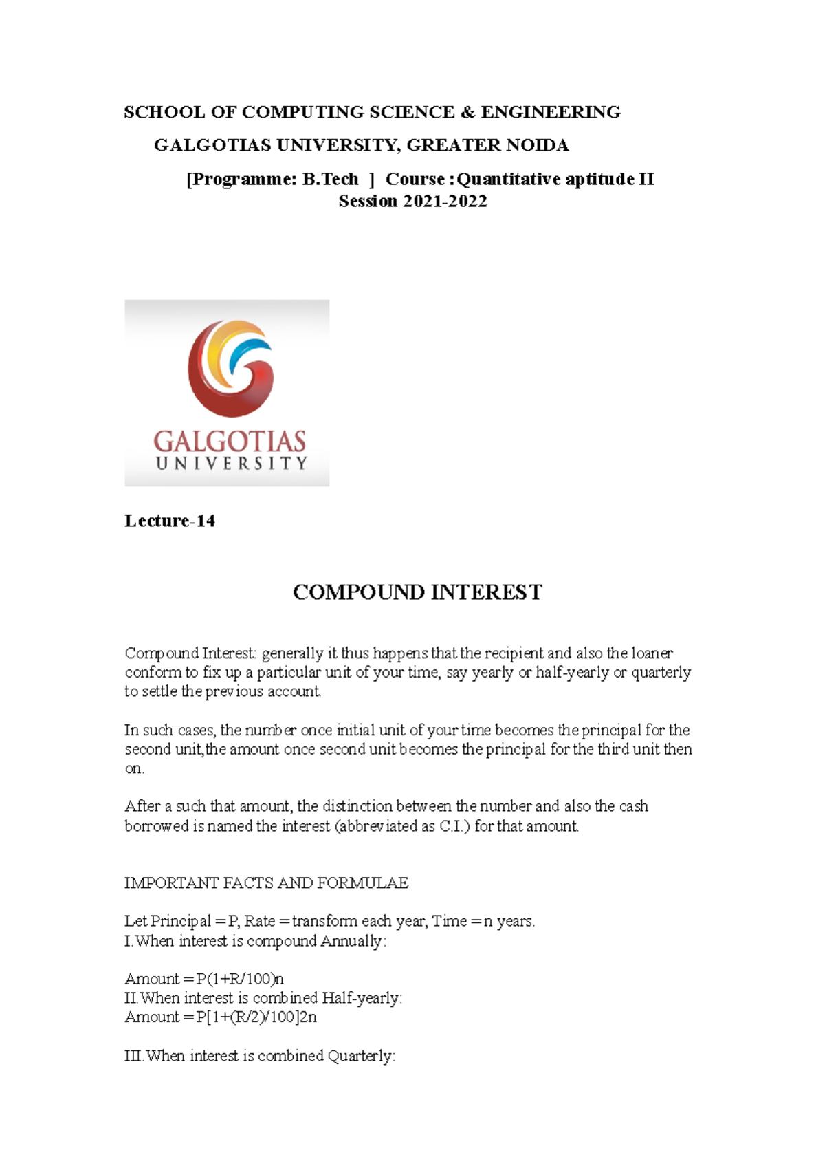 Quantitative aptitude lecture 14 @ Galgotias university - SCHOOL OF COMPUTING SCIENCE & - Studocu