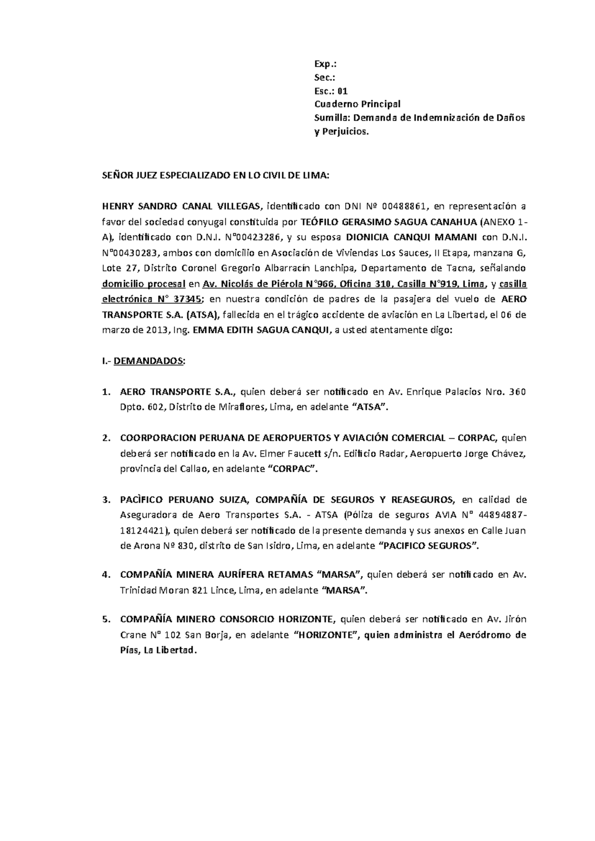 Demanda de Indemnizacion de Danos y Perjuicios Reaseguros LIMA - Exp.: Sec.: Esc.: 01 Cuaderno ...