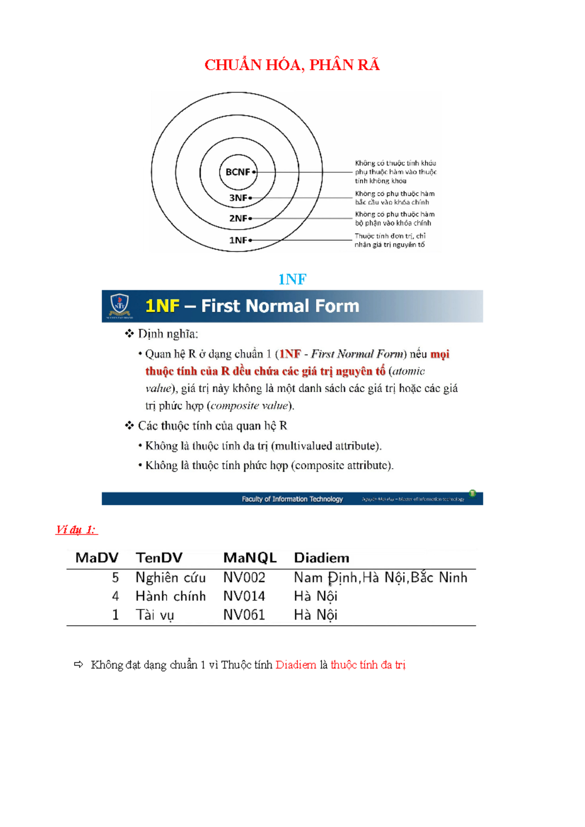 CHUẨN HÓA - CHUẨN HÓA, PHÂN RÃ 1NF Ví dụ 1: Không đạt dạng chuẩn 1 vì ...
